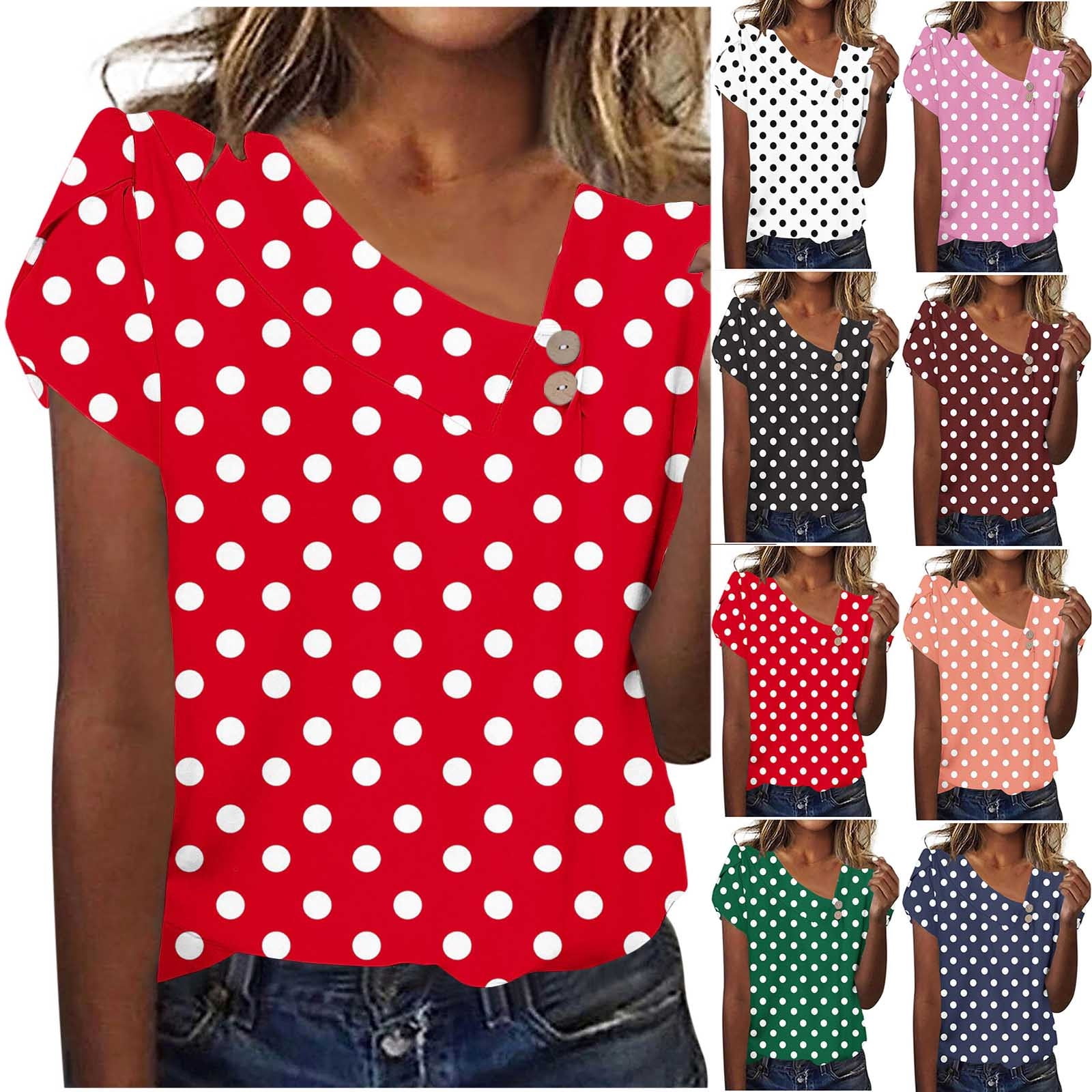 Asxite Womens Tops Short Sleeve Trendy Polka Asymmetric Neck Button ...