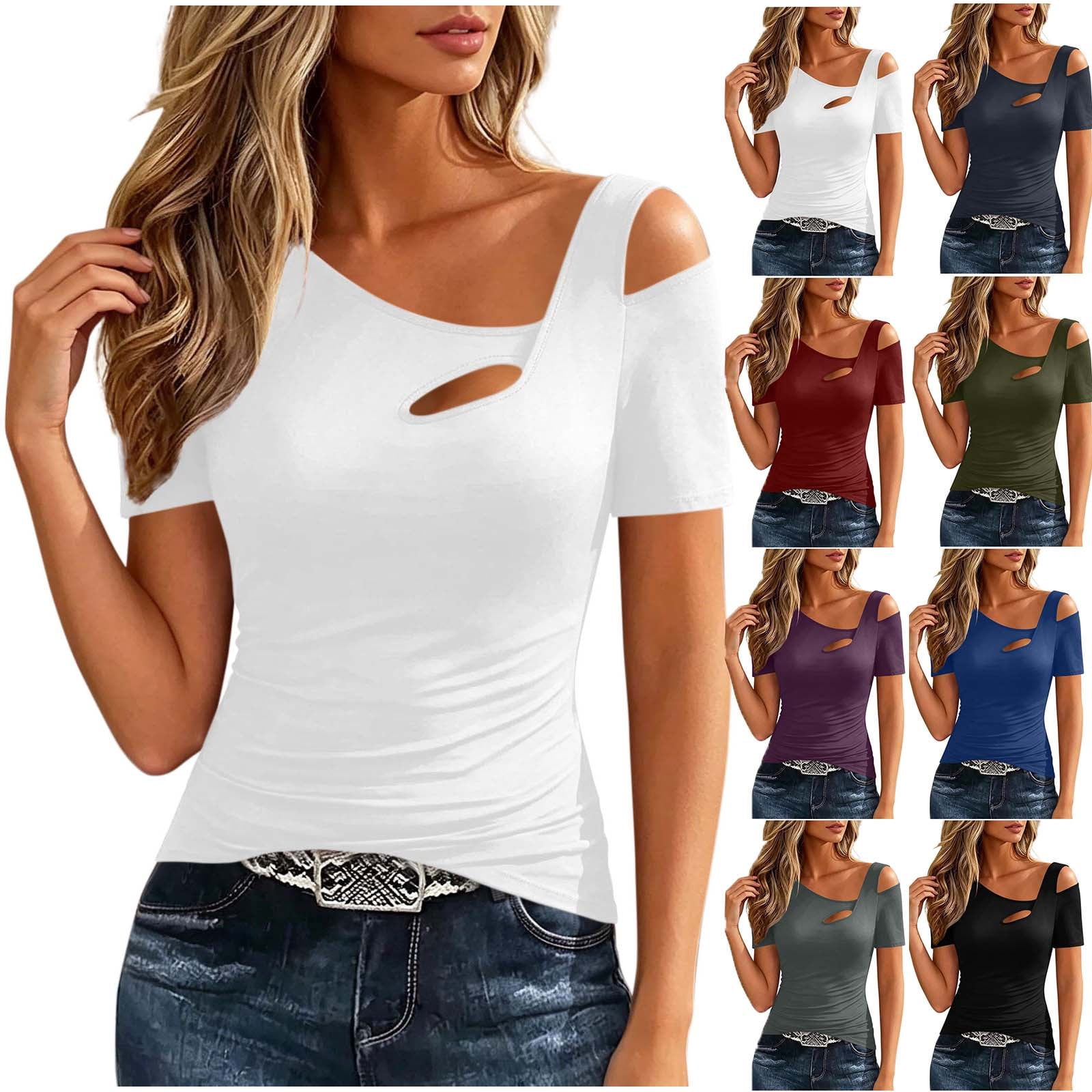 Asxite Womens Tops Short Sleeve Trendy Solid Color Asymmetric Cold ...