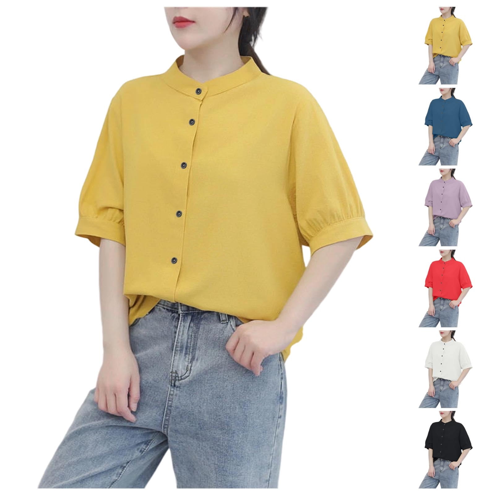 Asxite Womens Tops Short Sleeve Trendy Solid Color Round Neck Button ...