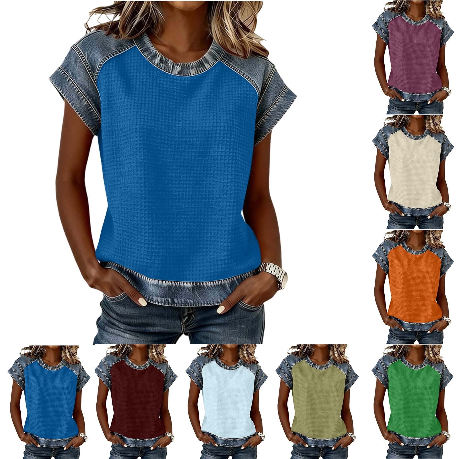 Asxite Womens Tops Short Sleeve Trendy Spliced Faux Denim Print ...