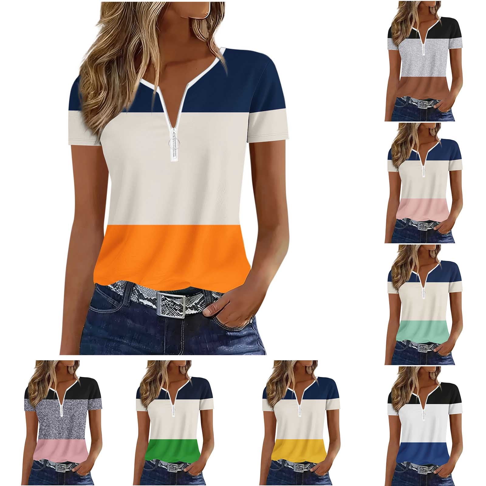 Asxite Womens Tops Short Sleeve Trendy Spliced Zipper Round Neck Loose ...
