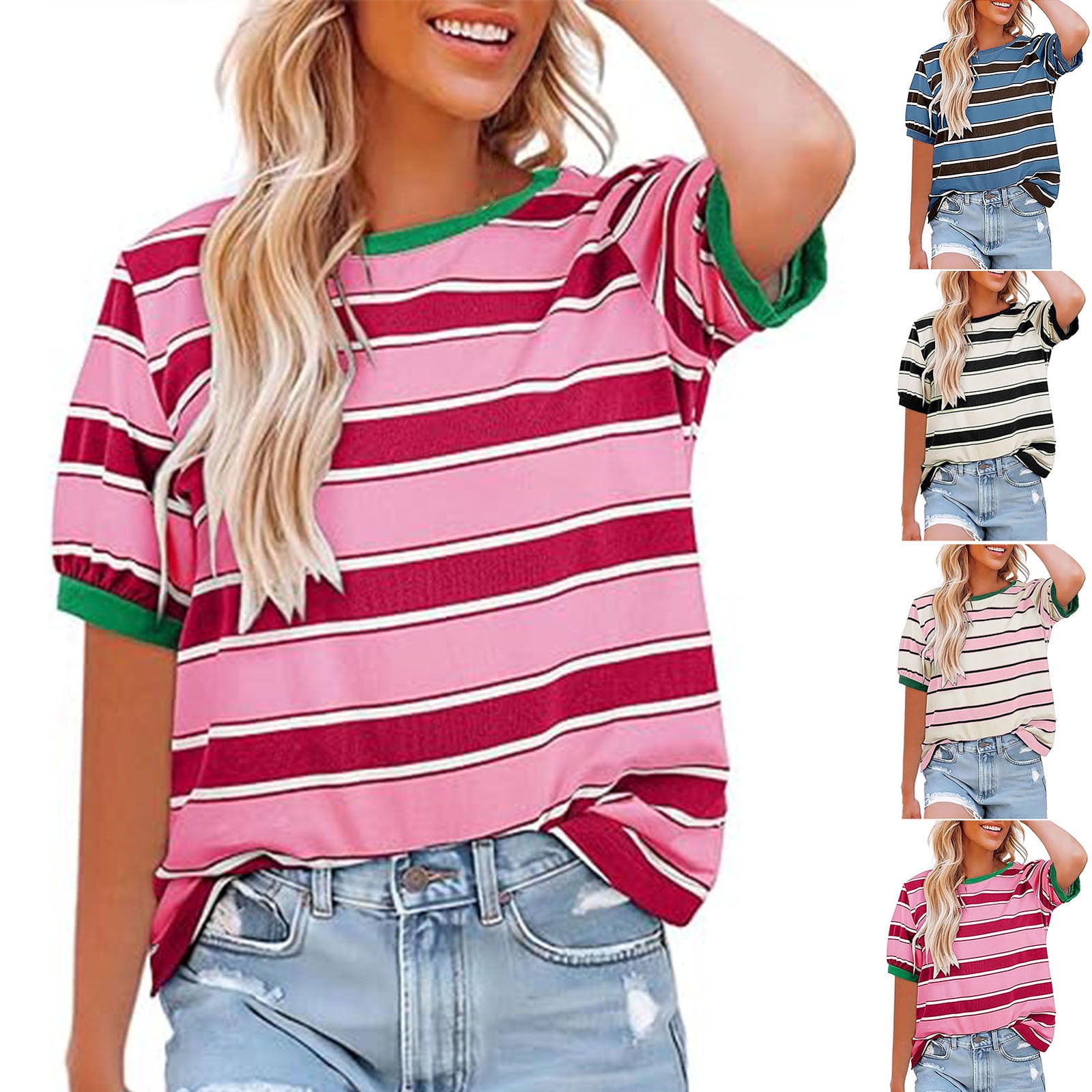 Asxite Womens Tops Short Sleeve Trendy Striped Print Round Neck Loose ...