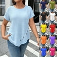 Asymmetric Button Hem Tee for Women, Short Sleeve Round Neck Top ...