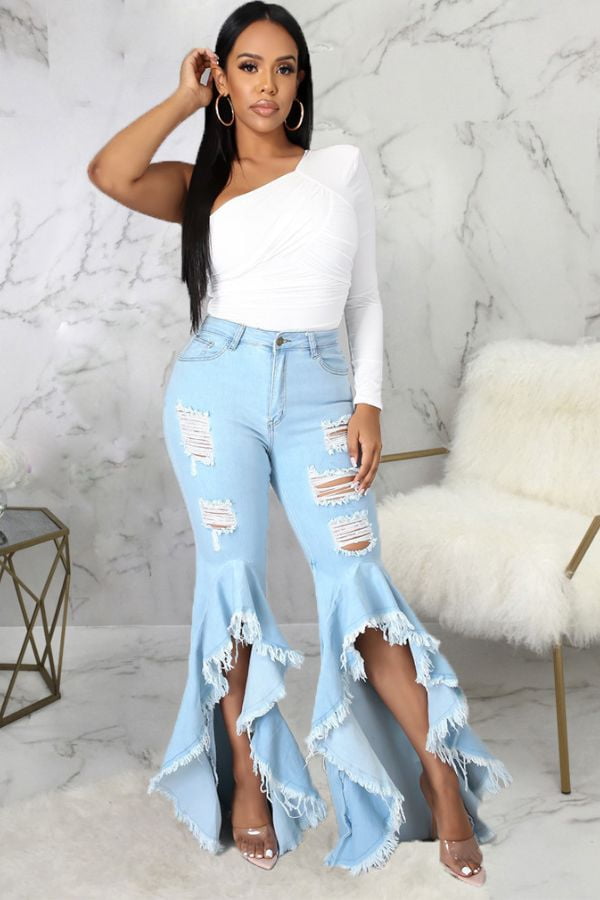 Asymmetric Hem Denim Flared Jeans (S, Black) - Walmart.com