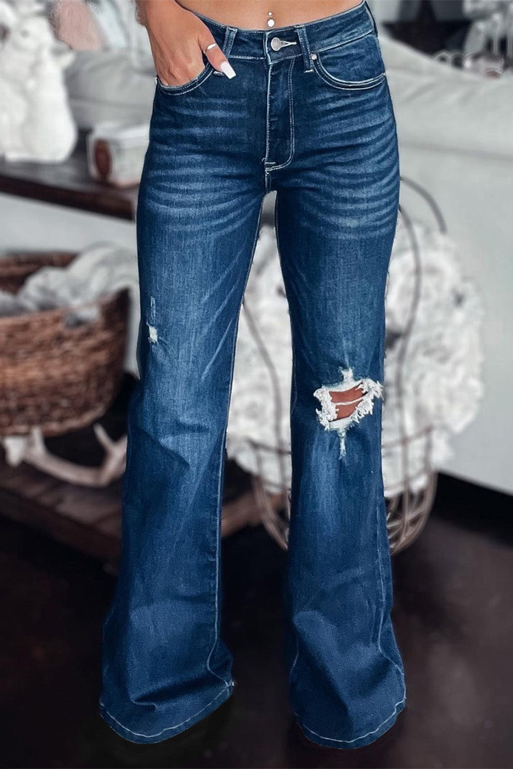 Asymmetric Open Knee Distressed Flare Jeans - Walmart.com