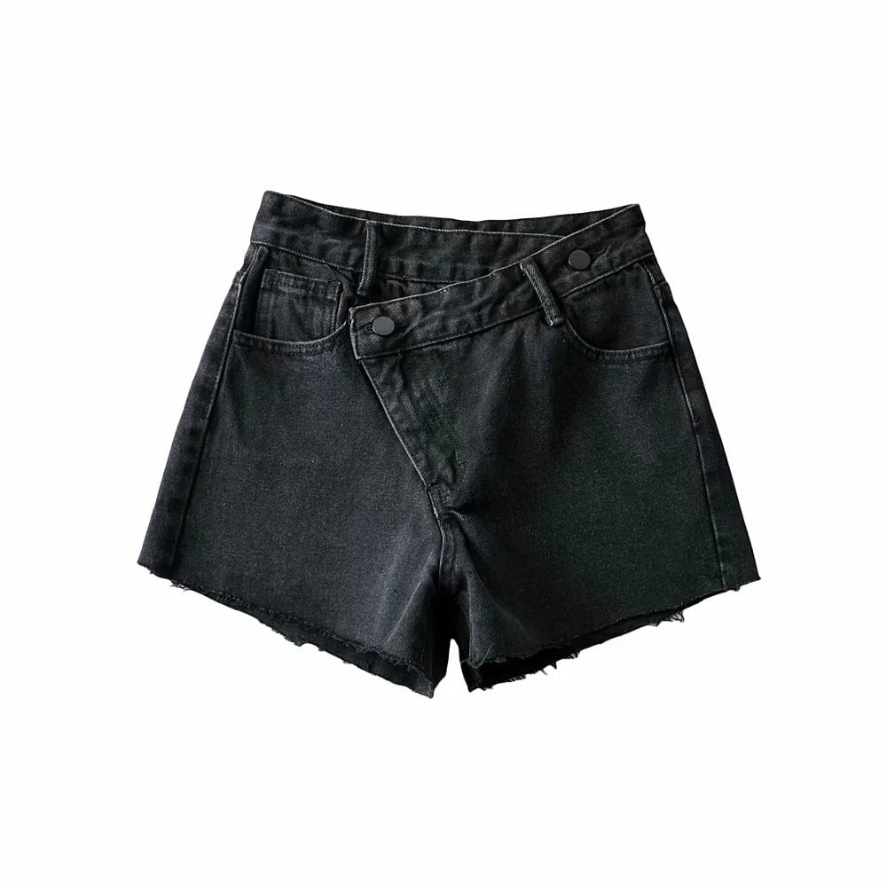 Asymmetric Waist Raw Edge Denim Shorts - Walmart.com