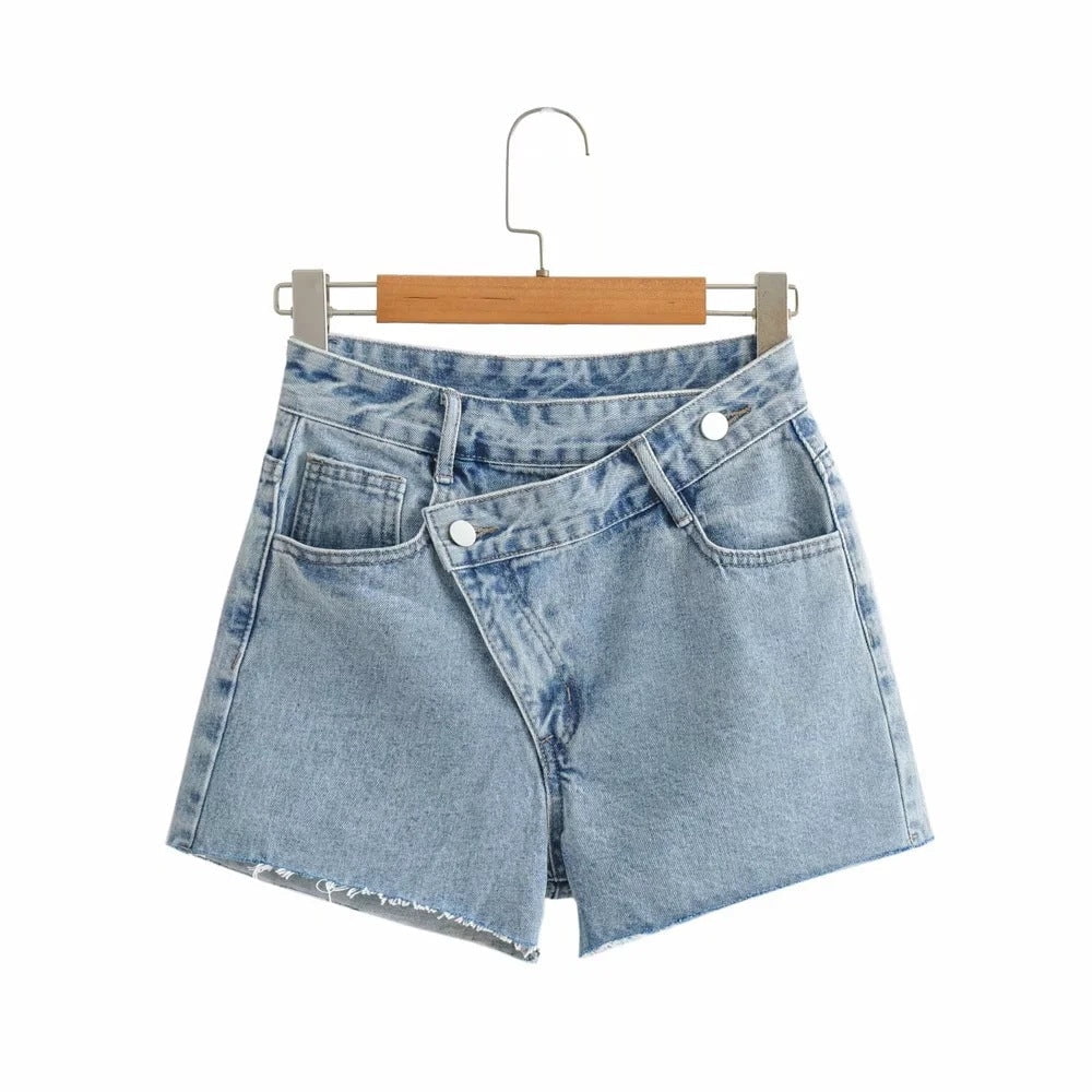 Asymmetric Waist Raw Edge Denim Shorts - Walmart.com