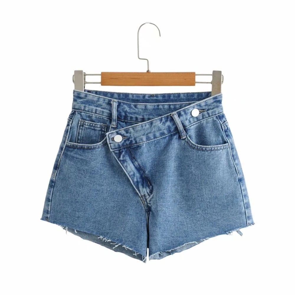 Asymmetric Waist Raw Edge Denim Shorts - Walmart.com