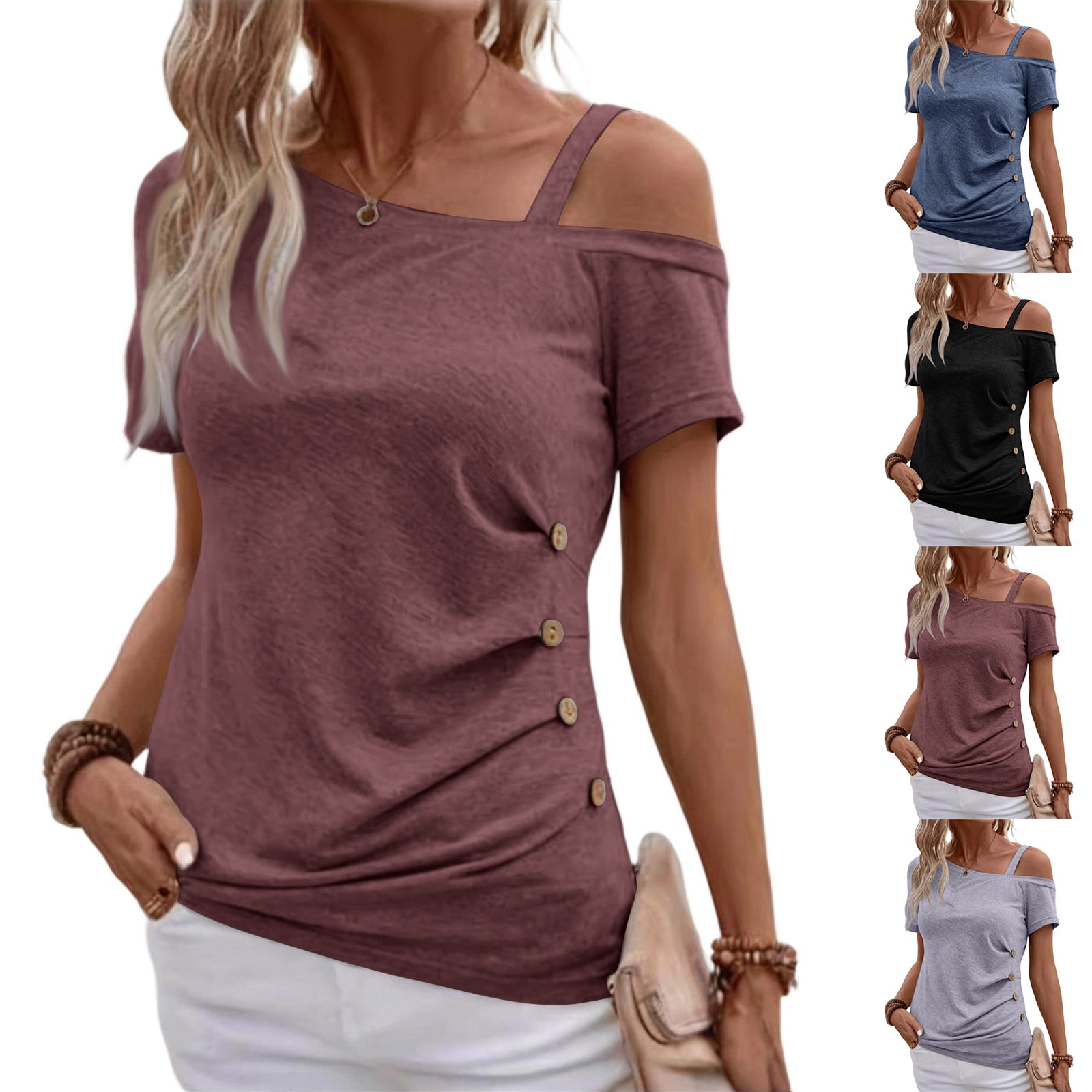 Asymmetrical Cold Shoulder Top for Womens - Side Button Ruched Slim Fit ...