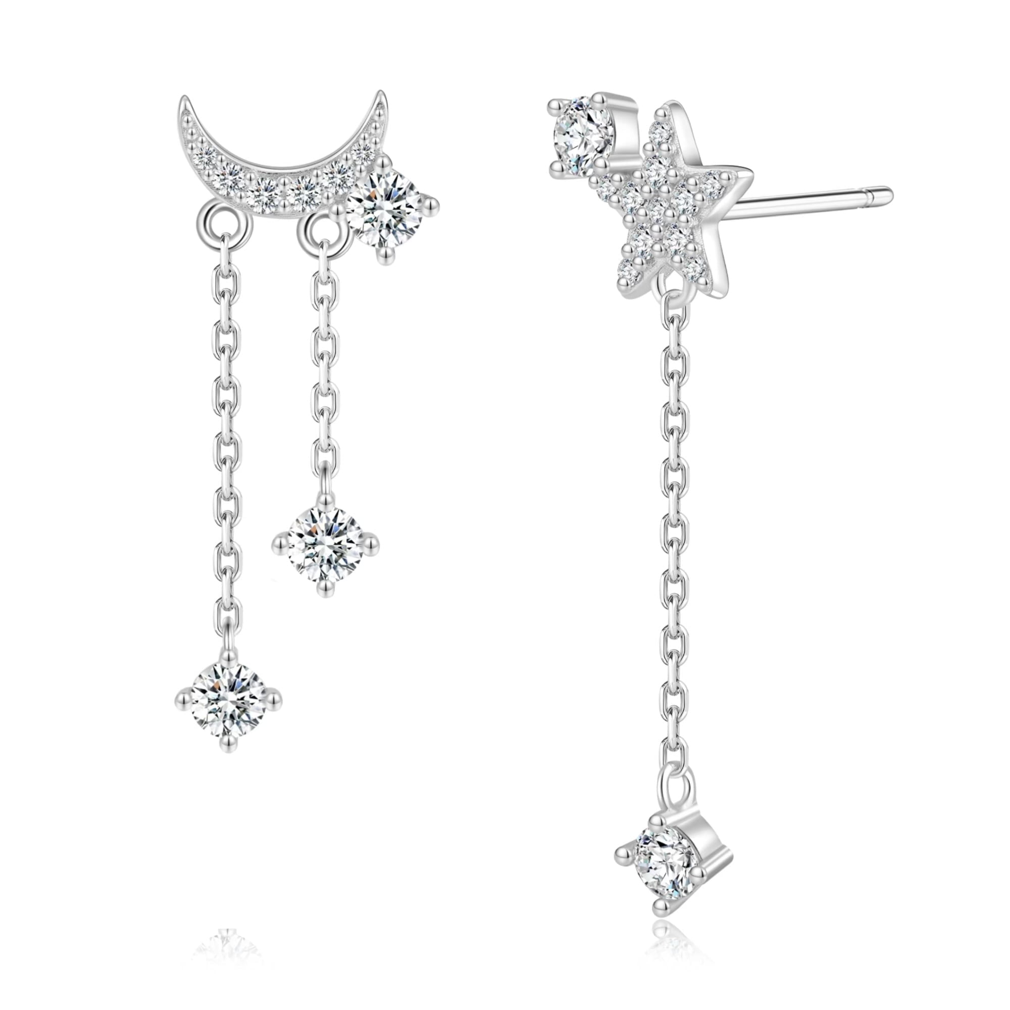 RYSKYJEWELRY Asymmetrical Moon & Star Tassel, Silver Earrings, 925 ...