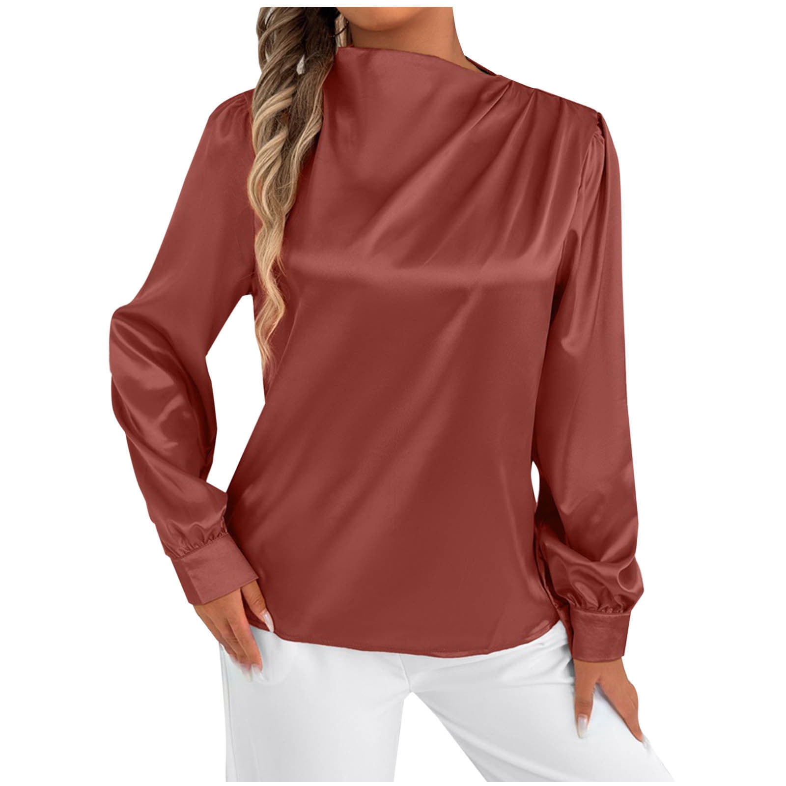 Asymmetrical Neck Satin Top for Women Puff Long Sleeve Elegant Ladies ...