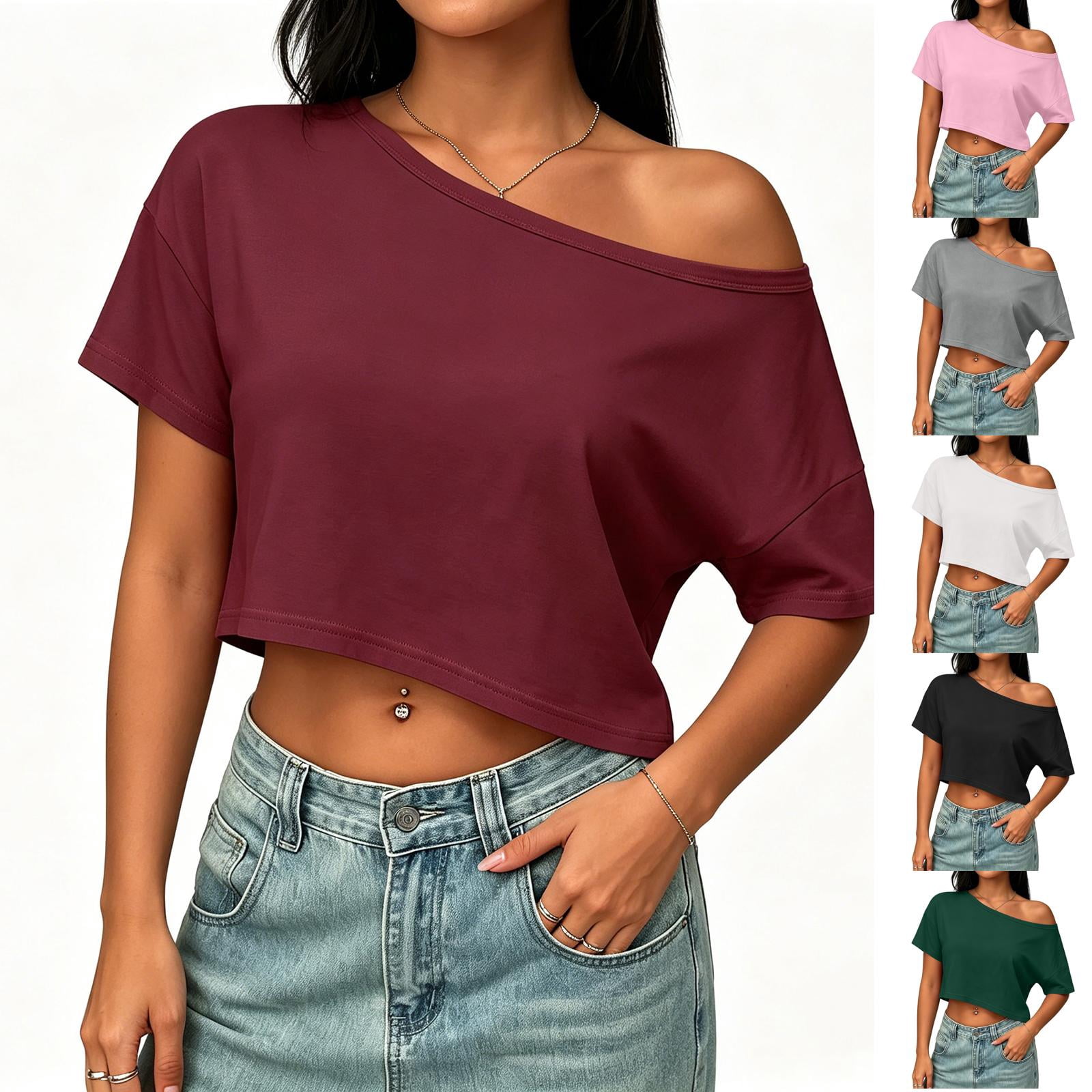 Asymmetrical Off Shoulder Top for Women, Short Sleeve Cropped T-Shirt ...