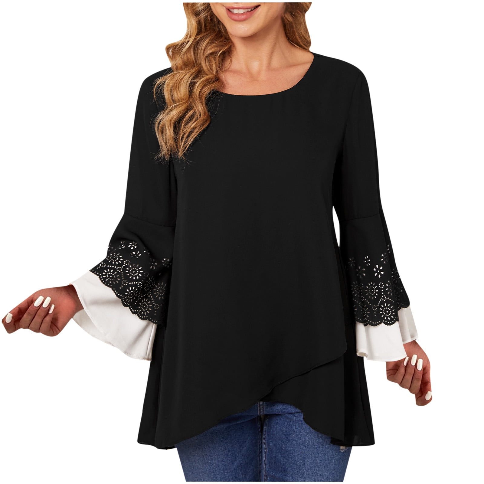 Asymmetrical Split Hem Tunic Tops for Women Hollow Layered Long Sleeve ...