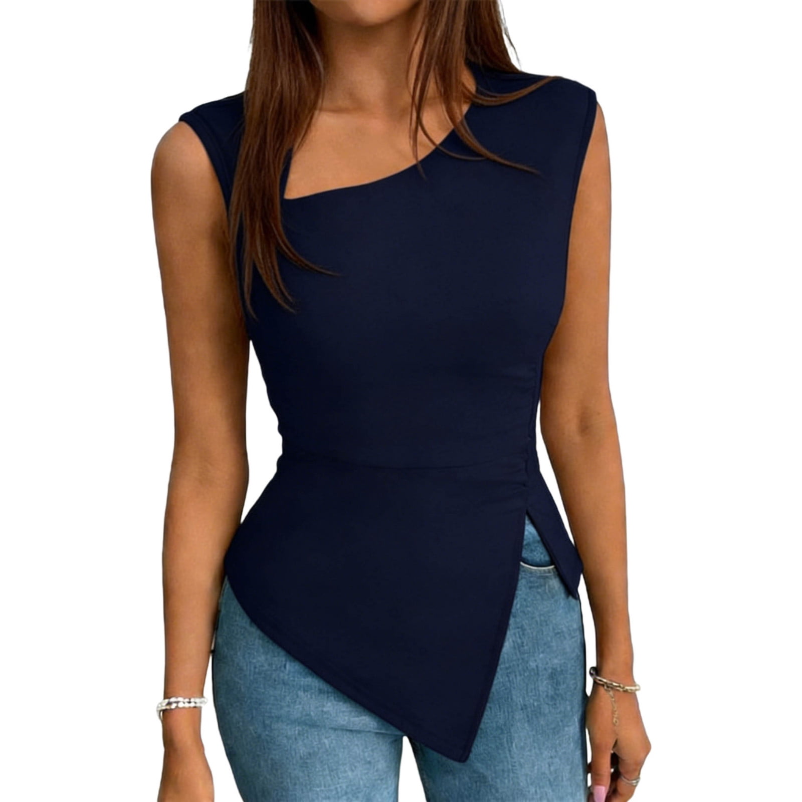 Asymmetrical Tops for Women Summer Sleeveless Irregular Straps Slim Fit ...