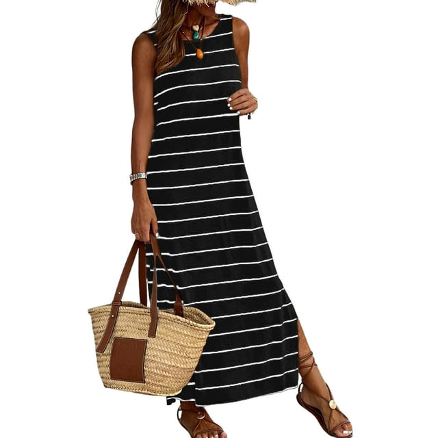 Asyoly Summer Dress Striped Racerback Sleeveless Tank Dress Side Split ...