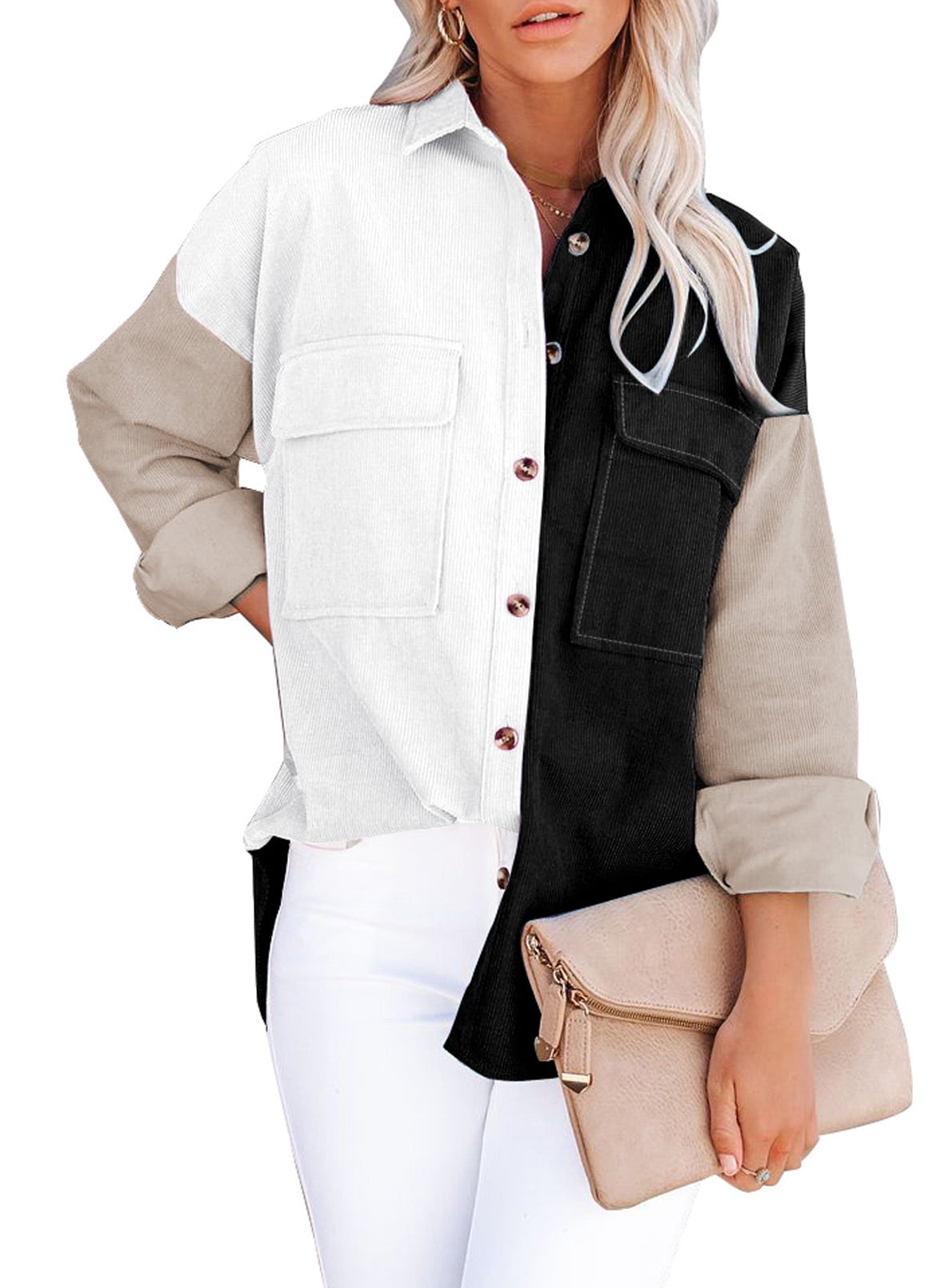 Asyoly Womens Corduroy Shirts Button Down Shacket Jacket Boyfriend Long ...