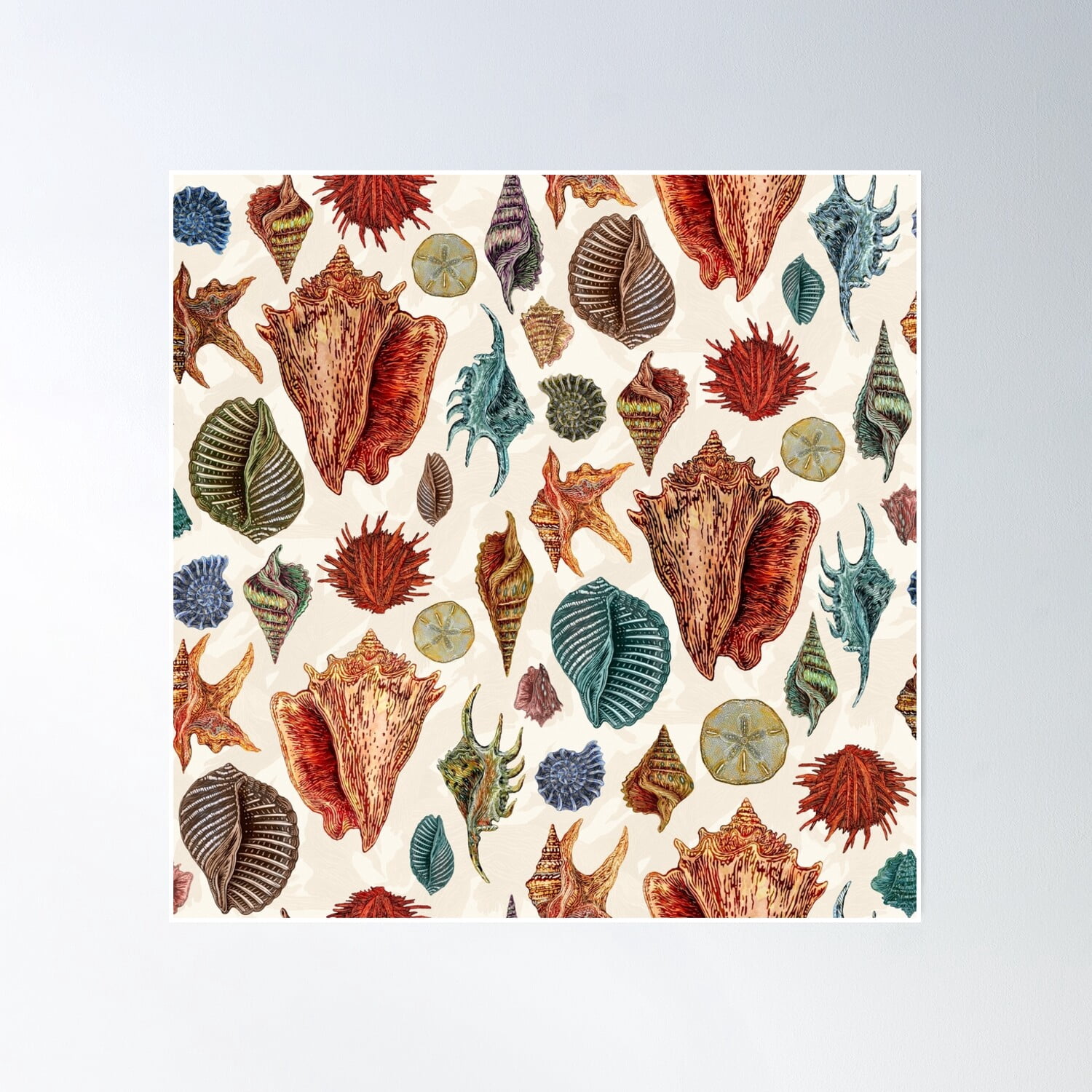 At The Beach Seashells On White Sand Poster Wall Art, Modern Wall Decor ...