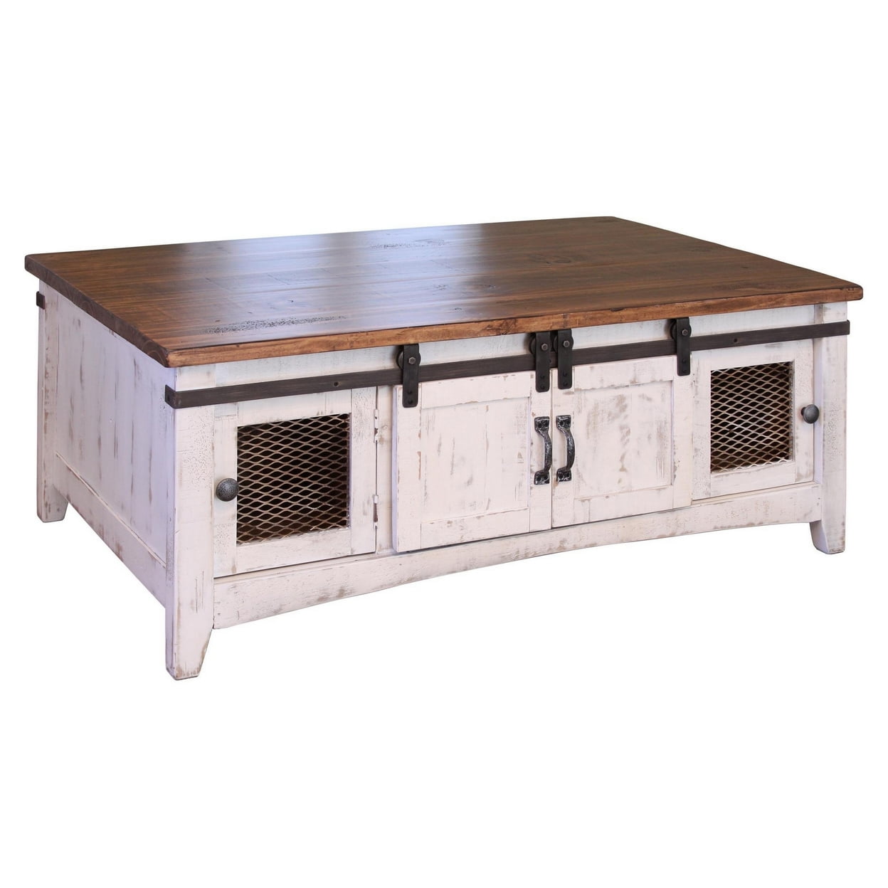Ata 50 Inch Coffee Table Sliding Barn Doors Mesh Iron White and Brown ...
