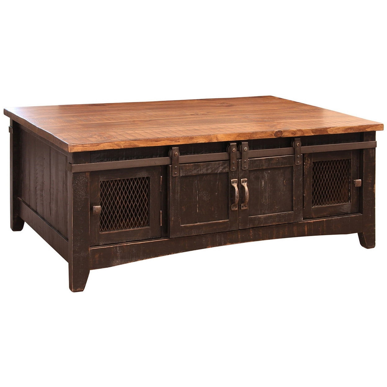Ata 50 Inch Coffee Table with Sliding and Mesh Doors, Pine Wood, Brown ...