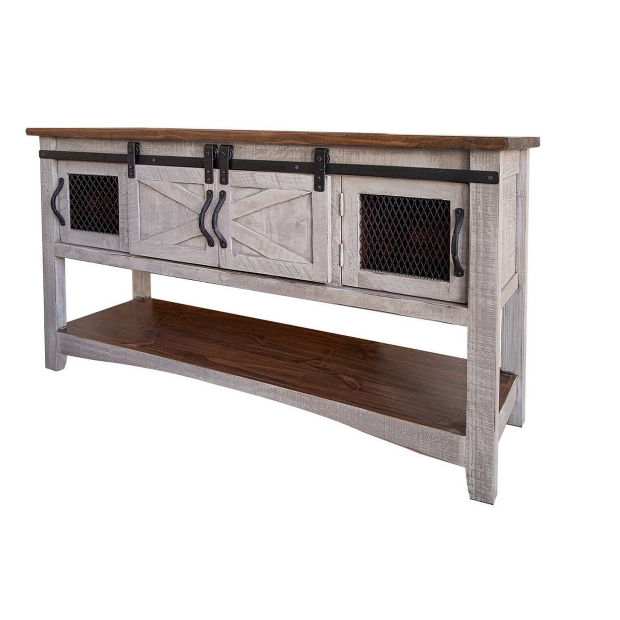Ata 55 Inch Sofa Table Console, Barn Doors, Pine, Mango Wood, Gray ...