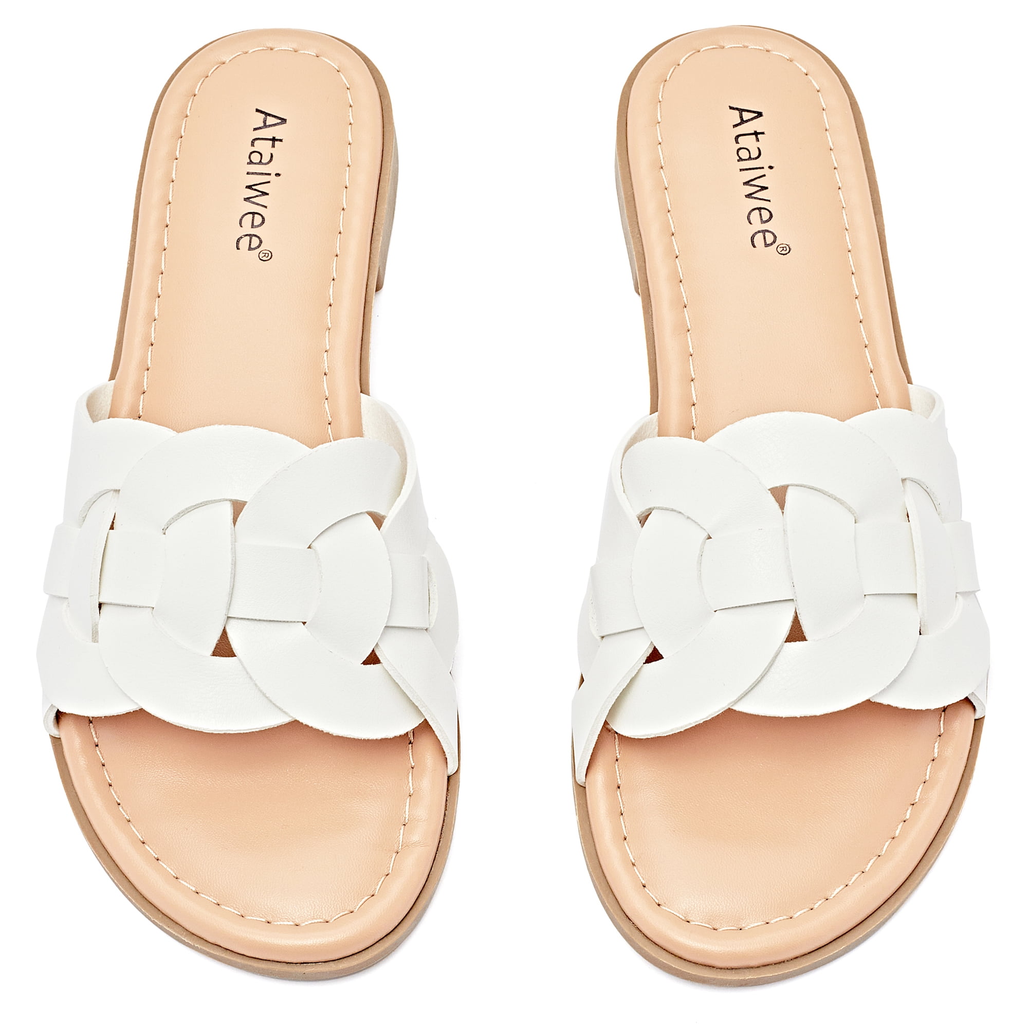 Ataiwee Women's Flat Slide Sandals - Casual Ladies Round Slip-On Cross ...