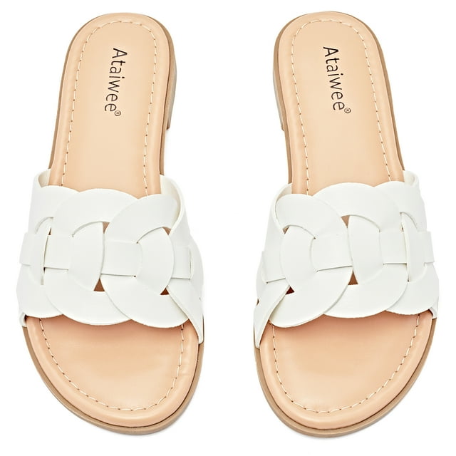 Ataiwee Women's Flat Slide Sandals - Casual Ladies Round Slip-On Cross ...