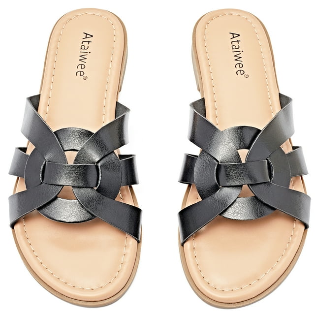 Ataiwee Women's Flat Slide Sandals - Ladies Comfortable Cross Strap ...