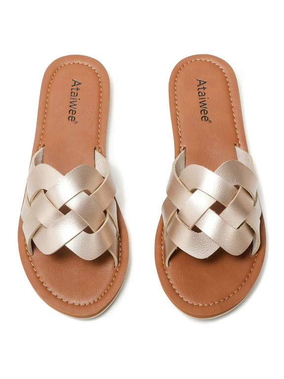 Ataiwee Women's Flat Slide Sandals, Fashion Strappy Braided Slip On ...