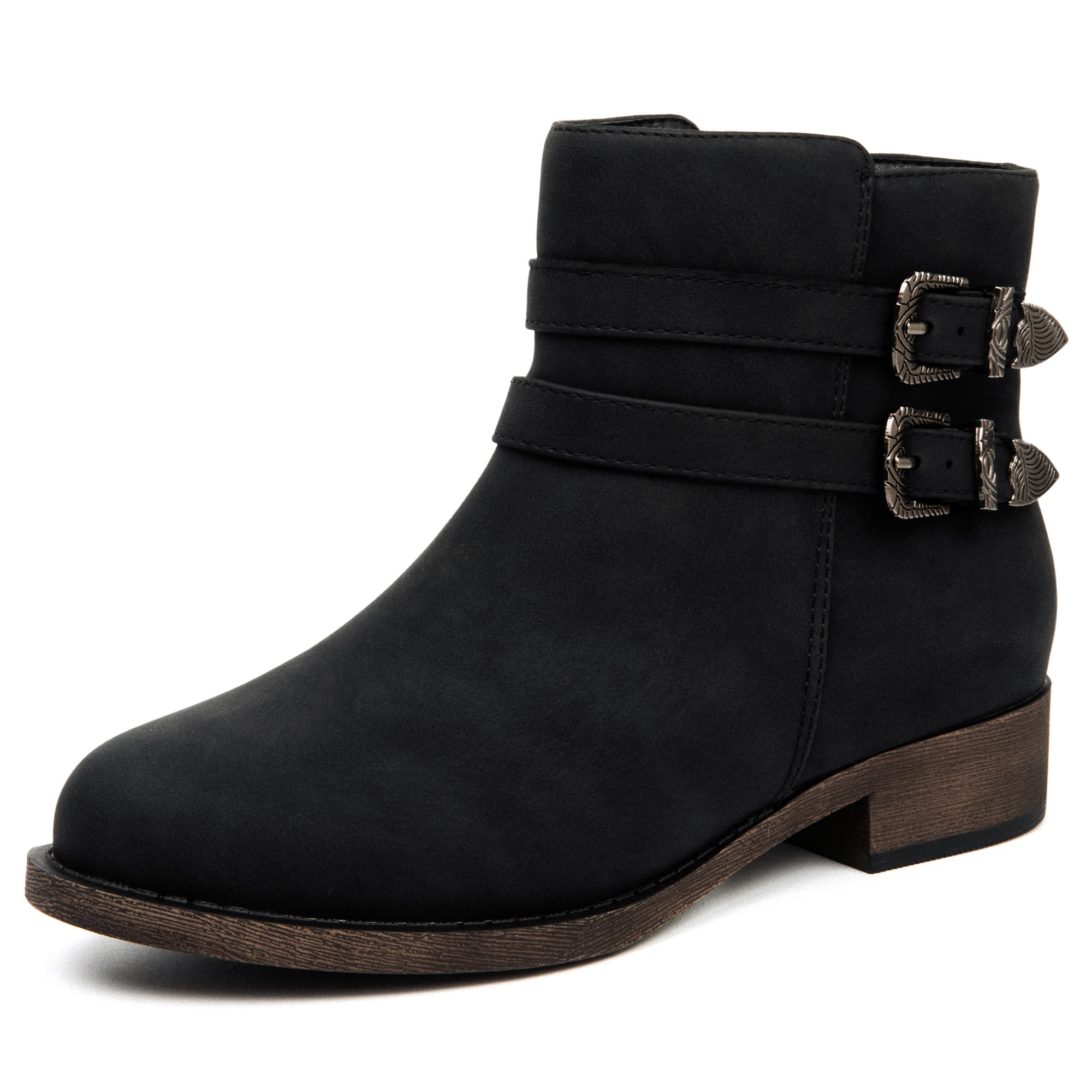 Ataiwee Women's Western Ankle Boots, Low Heel Dual Buckle Booties, Side ...