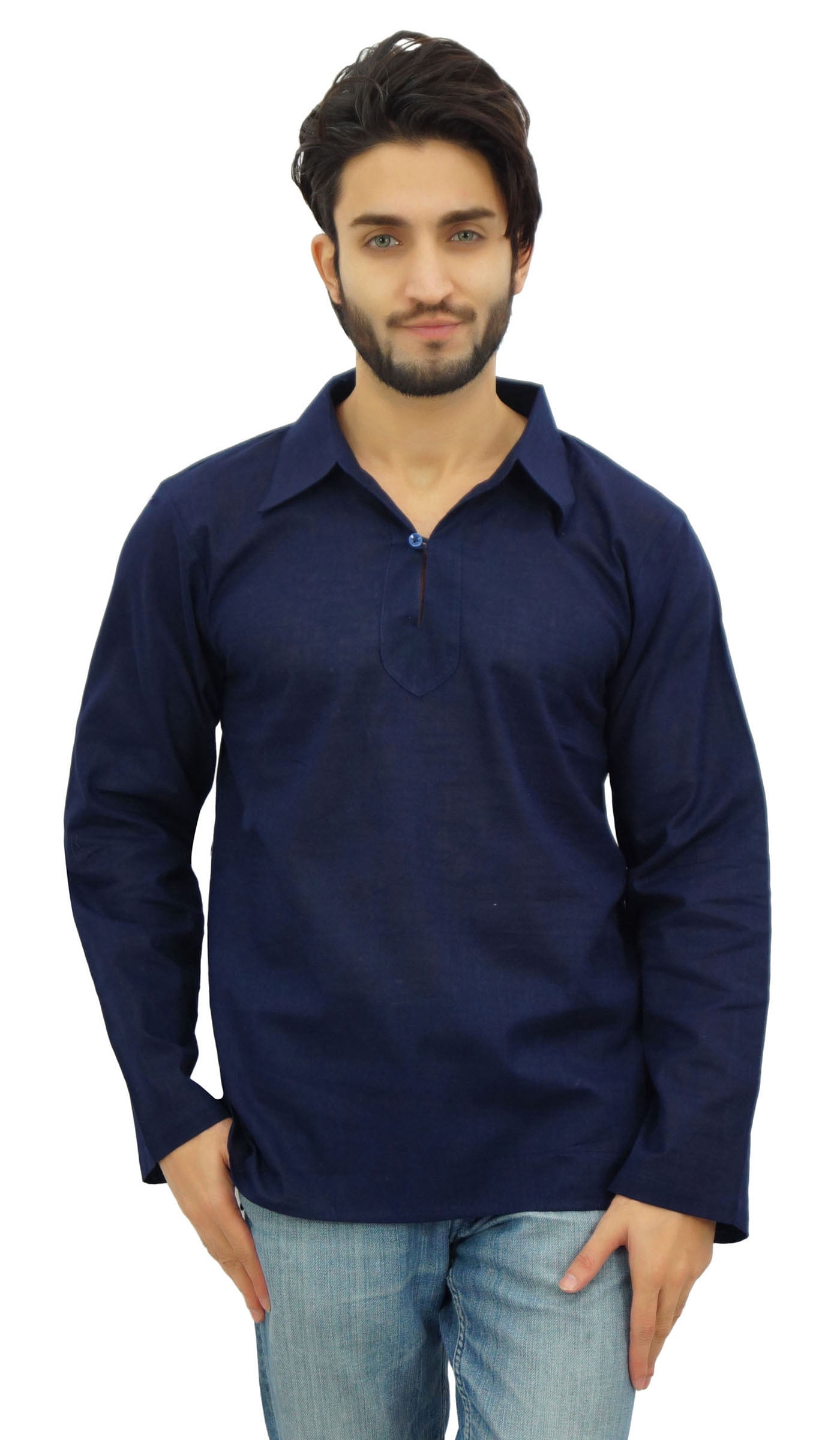 Atasi Indian Ethnic Men's Kurta Full Sleeve Blue Collar Neck Cotton ...