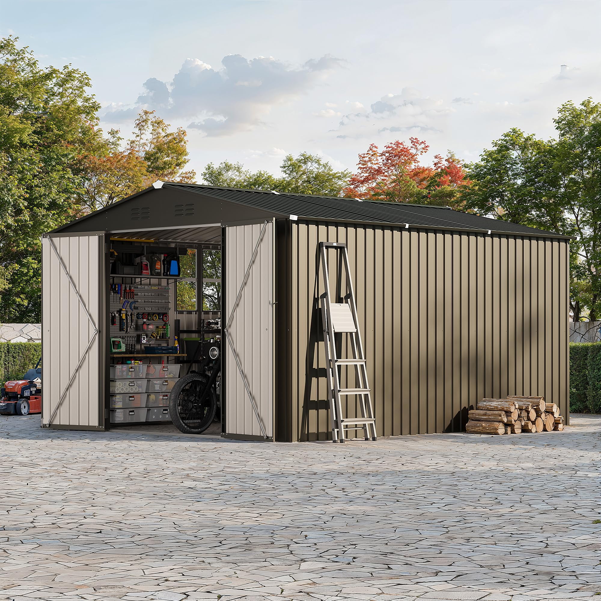 Ataucjin 10X12 FT Storage Shed with Cross Windows & Lockable Door，Large ...