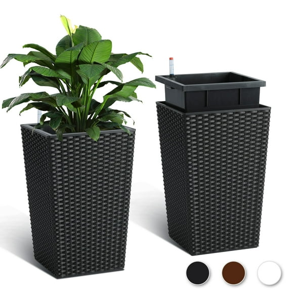 Ataucjin 16 Inch Tall Rattan Planter Set of 2, Large Self-Watering Pot ...