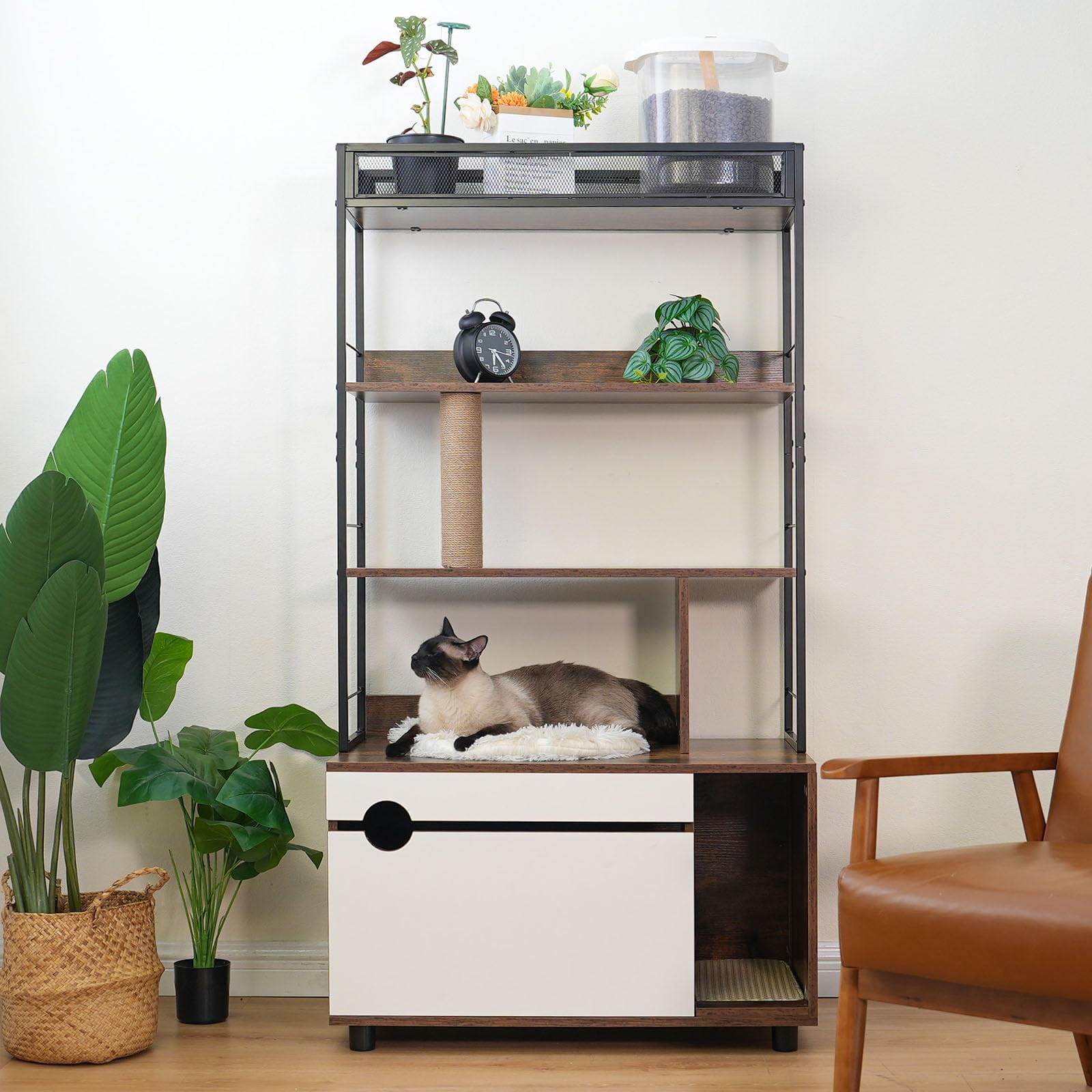 Ataucjin 2-in-1 Litter Box Enclosure with 4-Tier Shelves and Cat ...