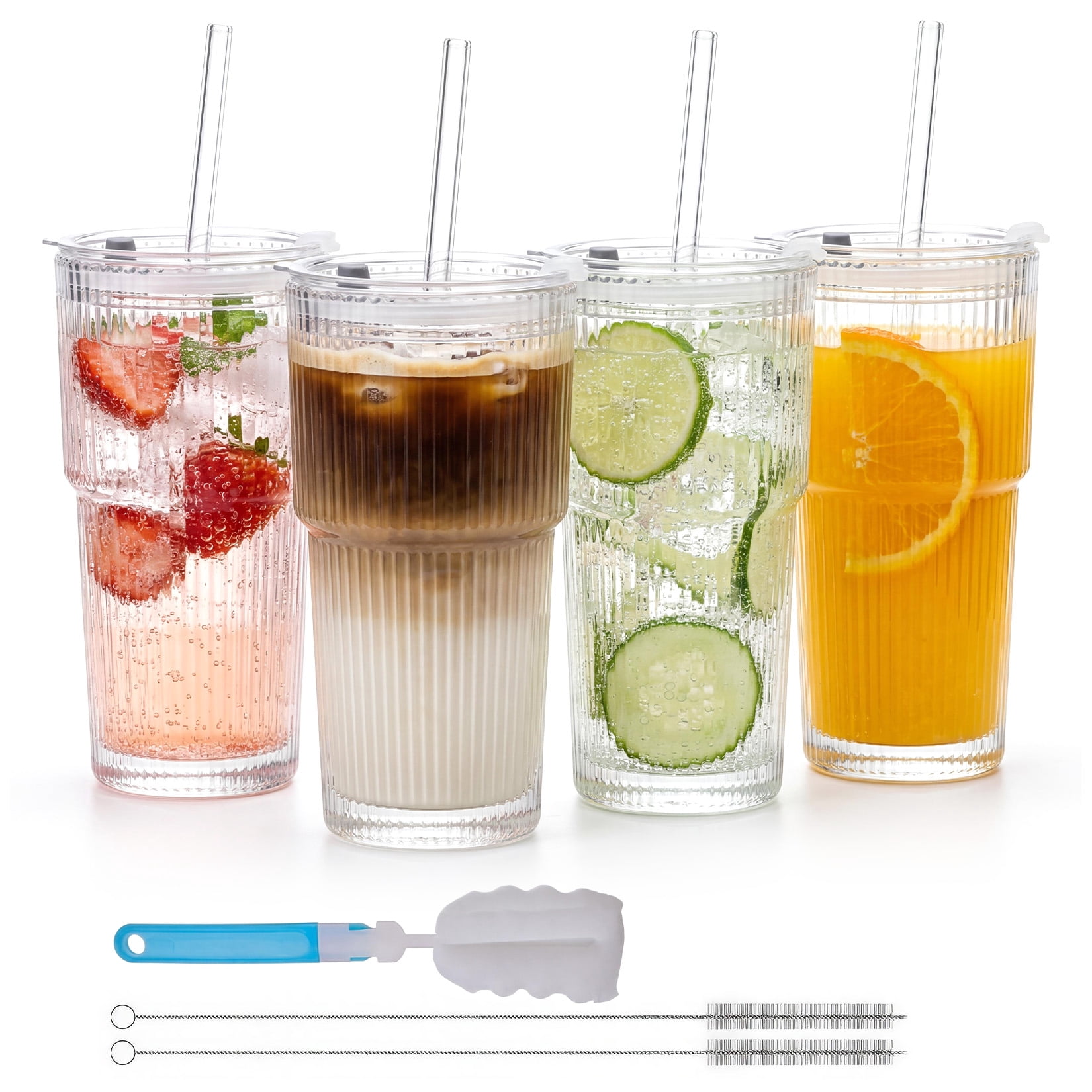 Ataucjin 20oz Glass Cups with Lids and Straws, Thickened Ribbed Glass ...