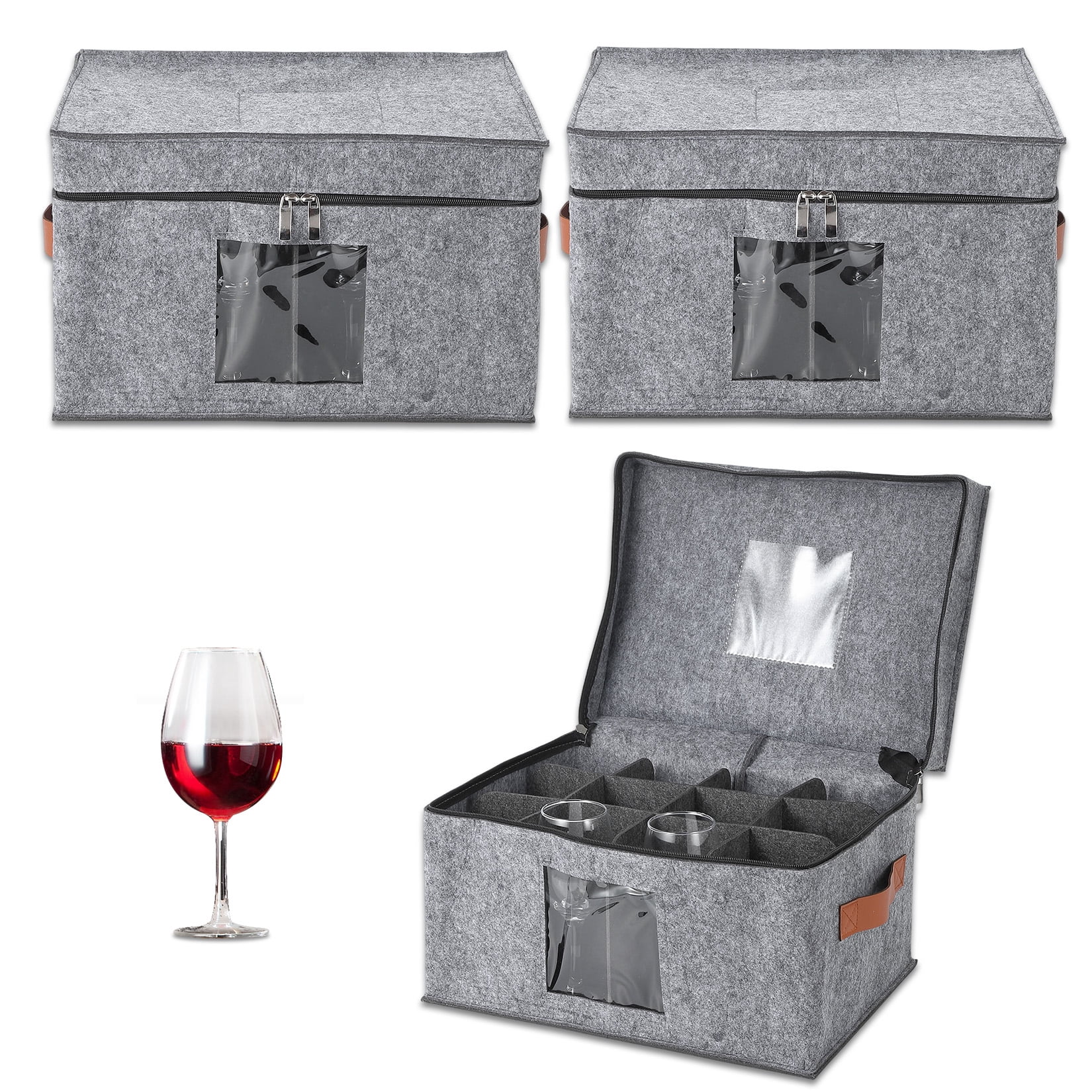 Ataucjin 3-Pack Stemware Storage Box with Dividers,16x11.5x10 in Large ...