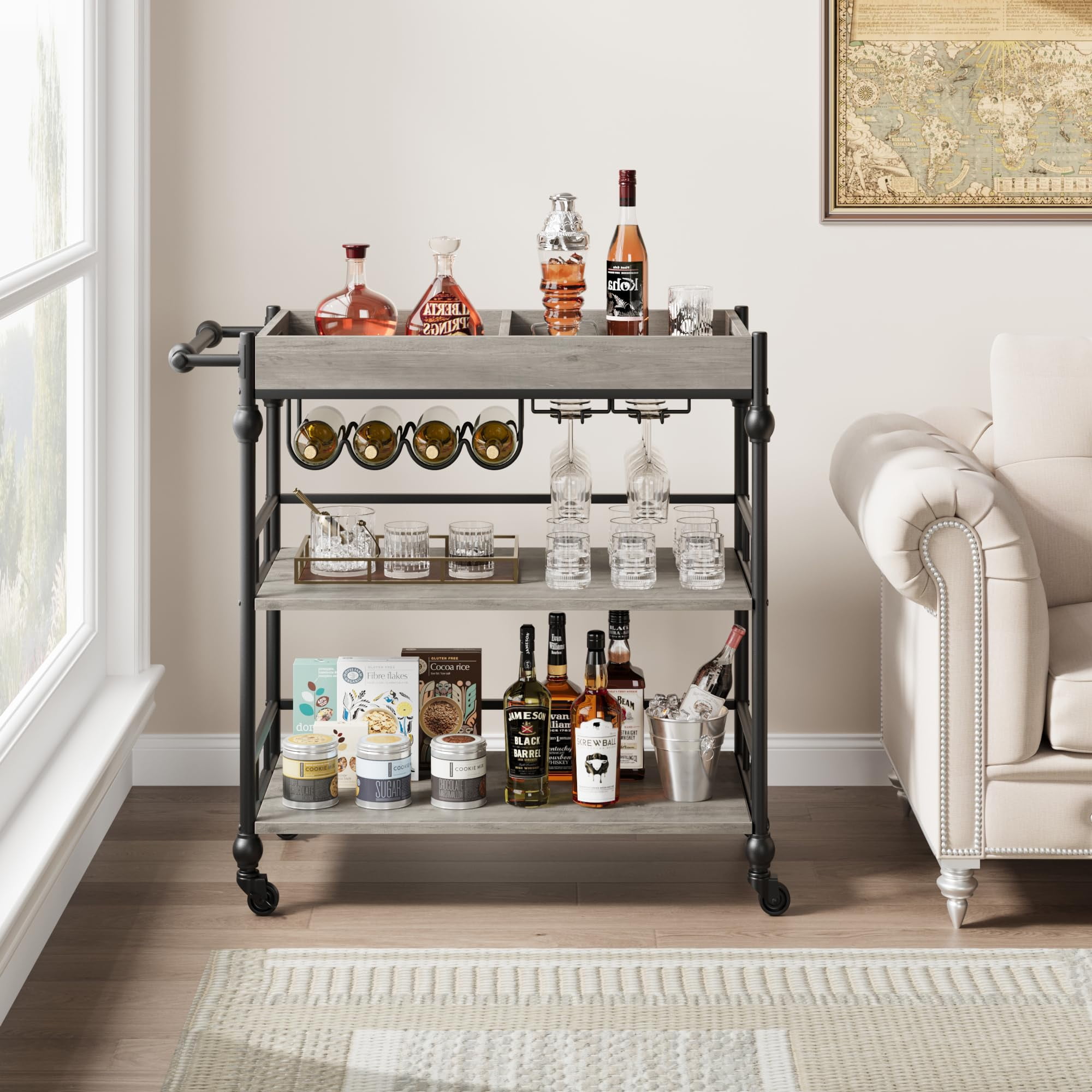 Ataucjin 3 Tier Bar Cart With Wheels Portable Home Bar & Serving Carts ...