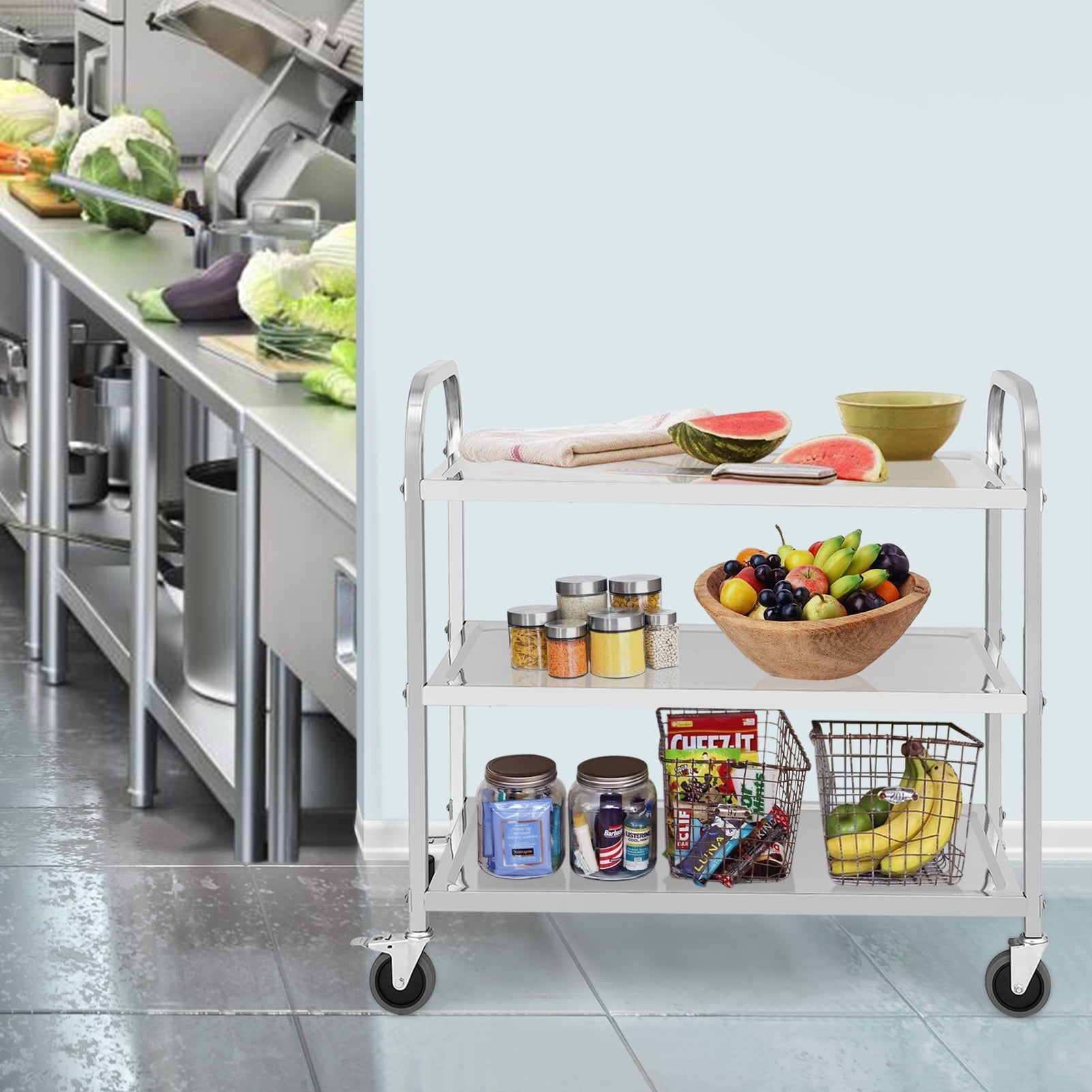 Ataucjin 3-Tier Stainless Steel Cart Heavy-Duty Industrial Service Cart ...