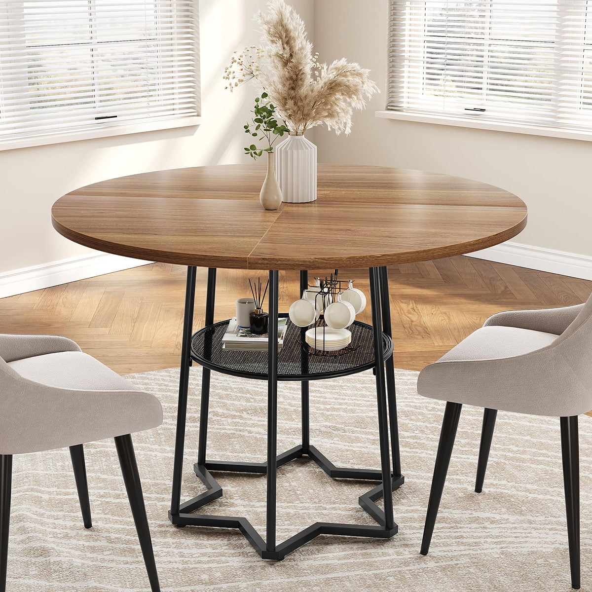 Ataucjin 38.6" Round Dining Table with Storage, 16.8" Round Mesh ...