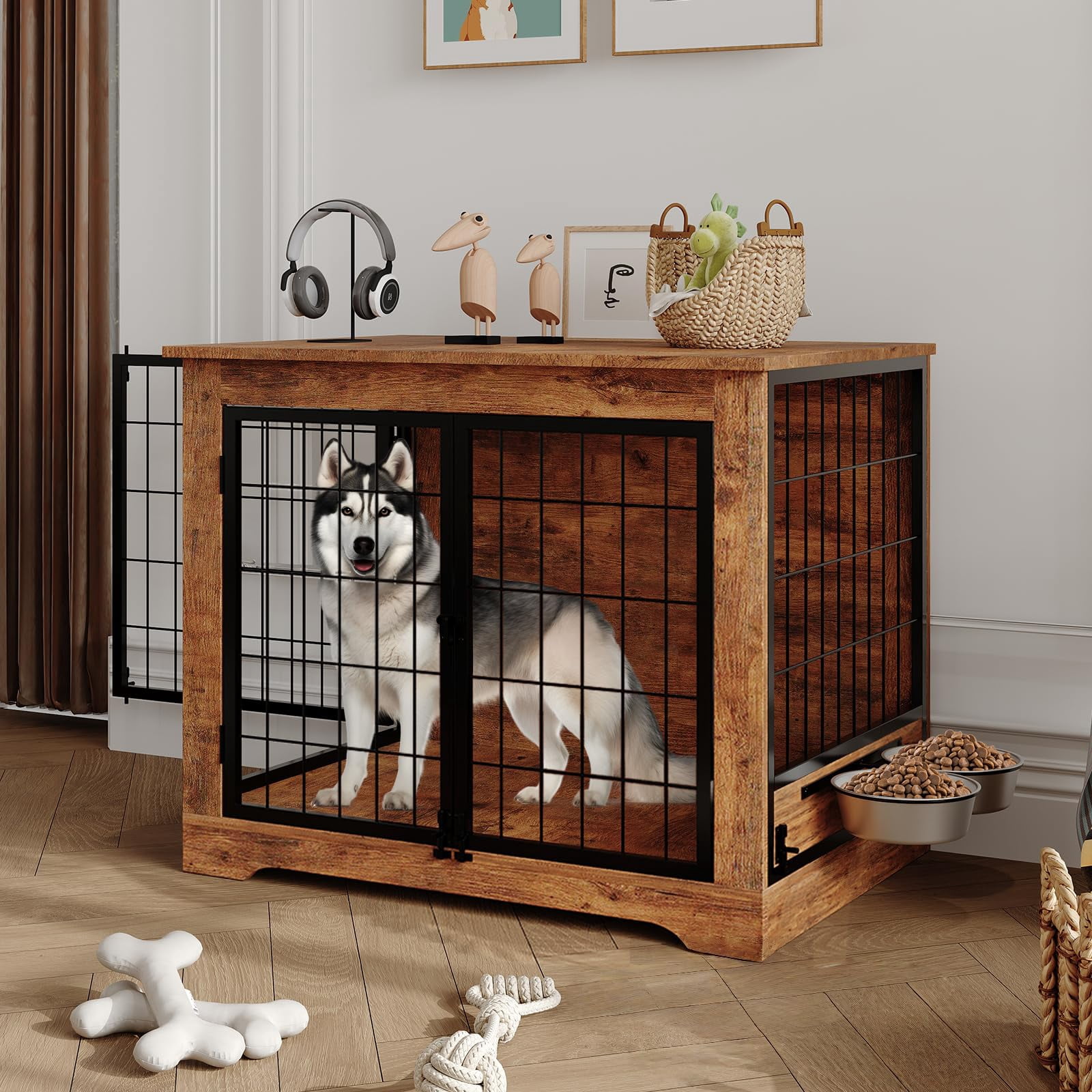Ataucjin 38“ Dog Crate Furniture with Rotary Feeder Heavy Duty Dog ...