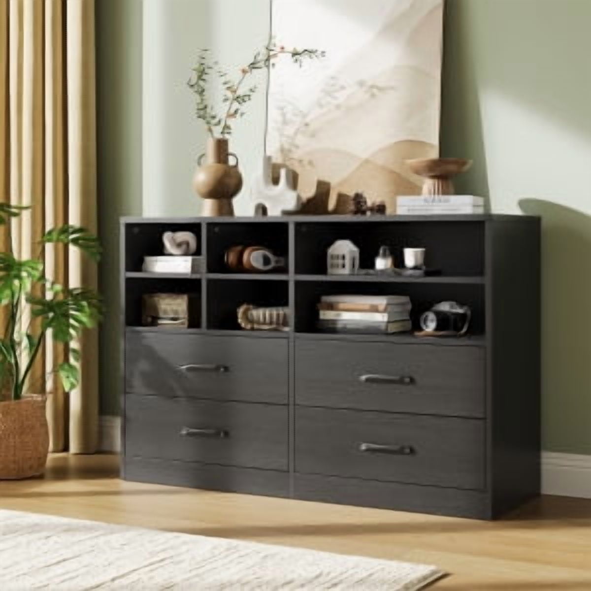 Ataucjin 4 Drawer Dresser with 6 Adjustable Open Cubbies, Modern Black ...