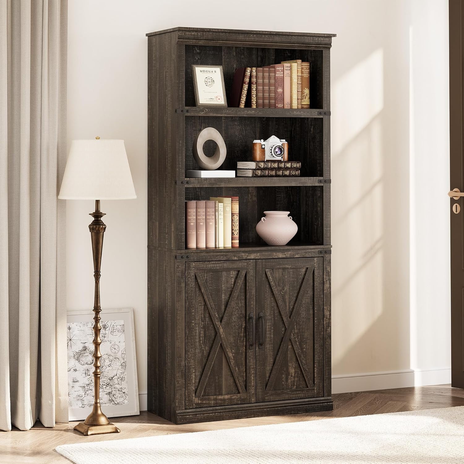 Ataucjin 5 Tier Book case with Cabinet,Bookcases with Doors Farmhouse ...