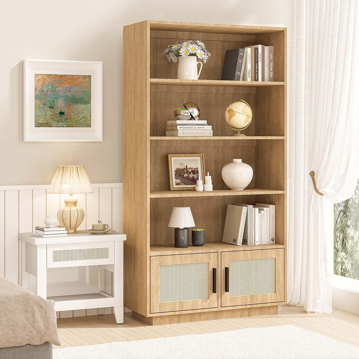 Ataucjin 5 Tier Bookshelf, Boho Bookcase with Rattan Doors, Wooden ...
