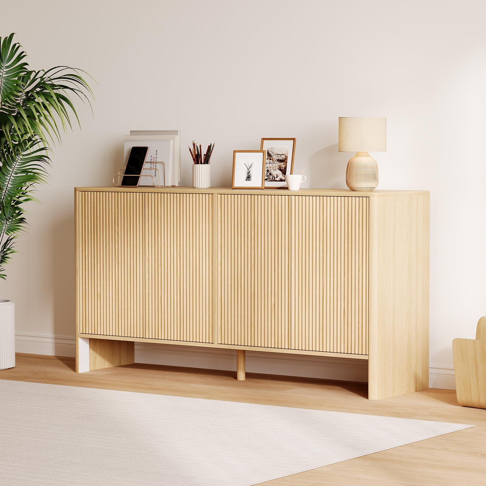 Ataucjin 58" Fluted Oak Sideboard Buffet Cabinet with Storage, Large ...