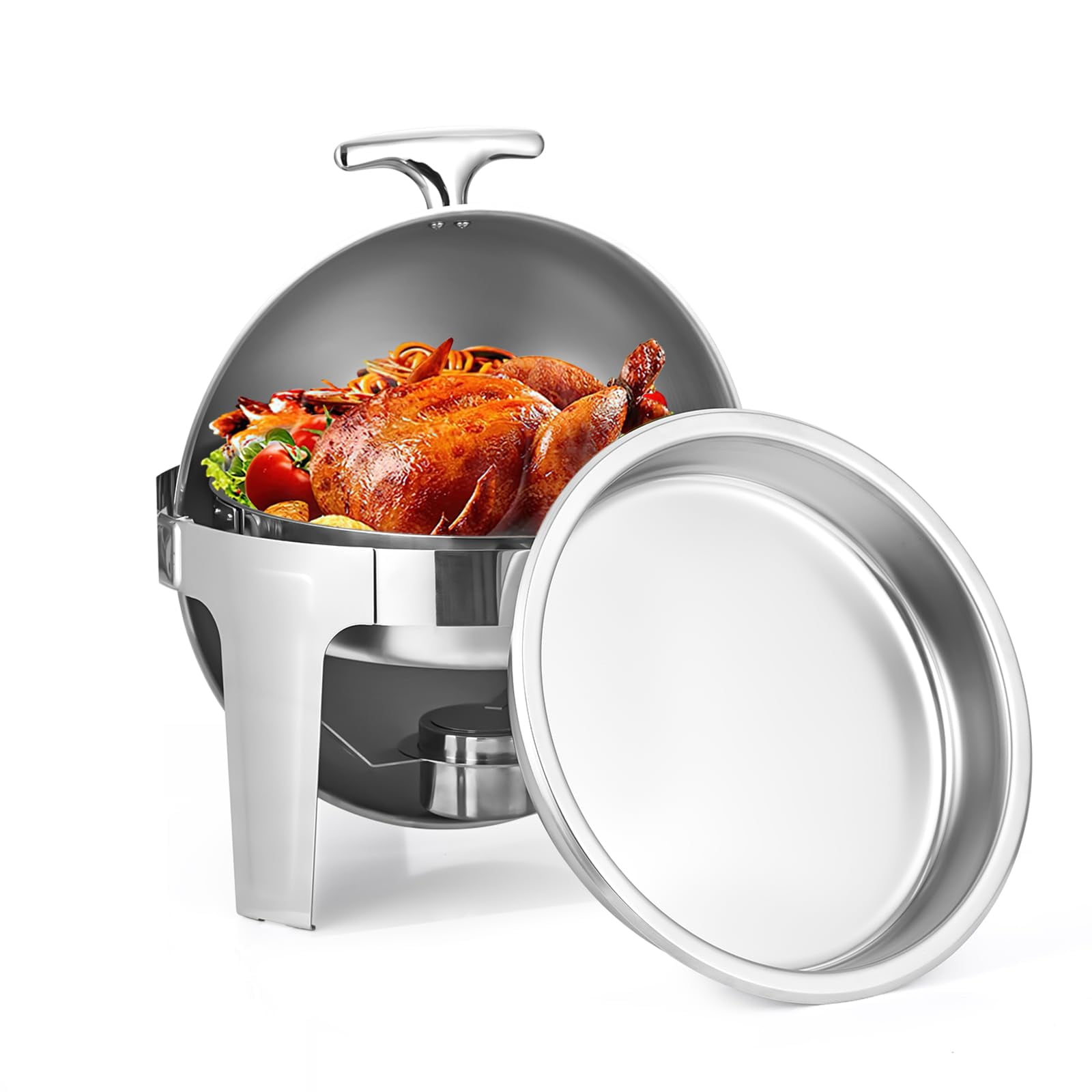 Ataucjin 6.8 Qt Round Chafing Dish Buffet Set, Stainless Steel Roll Top Chafing Dishes with Fuel ...