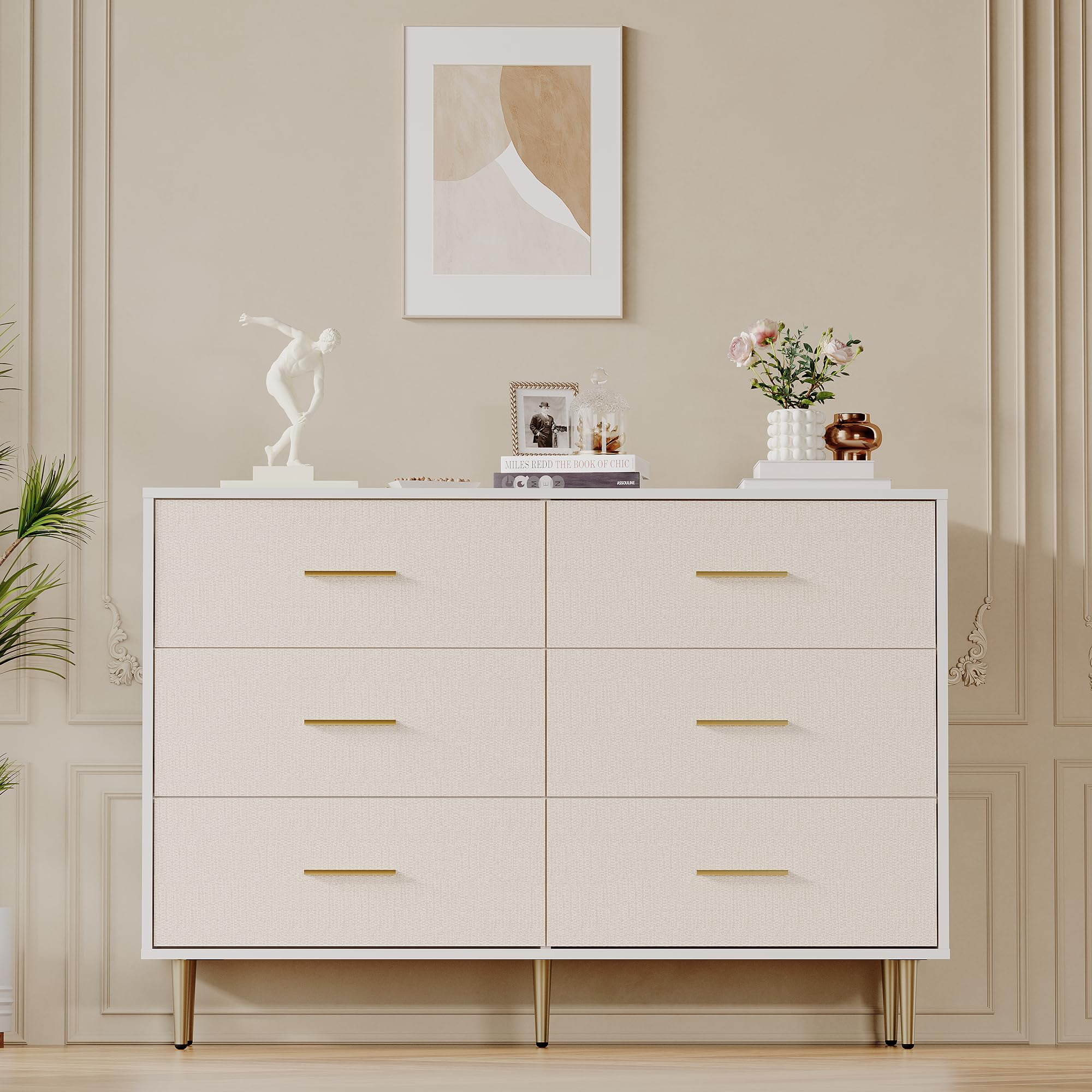 Ataucjin 6 Drawer Dresser, Modern White Chest of Drawers with Gold ...