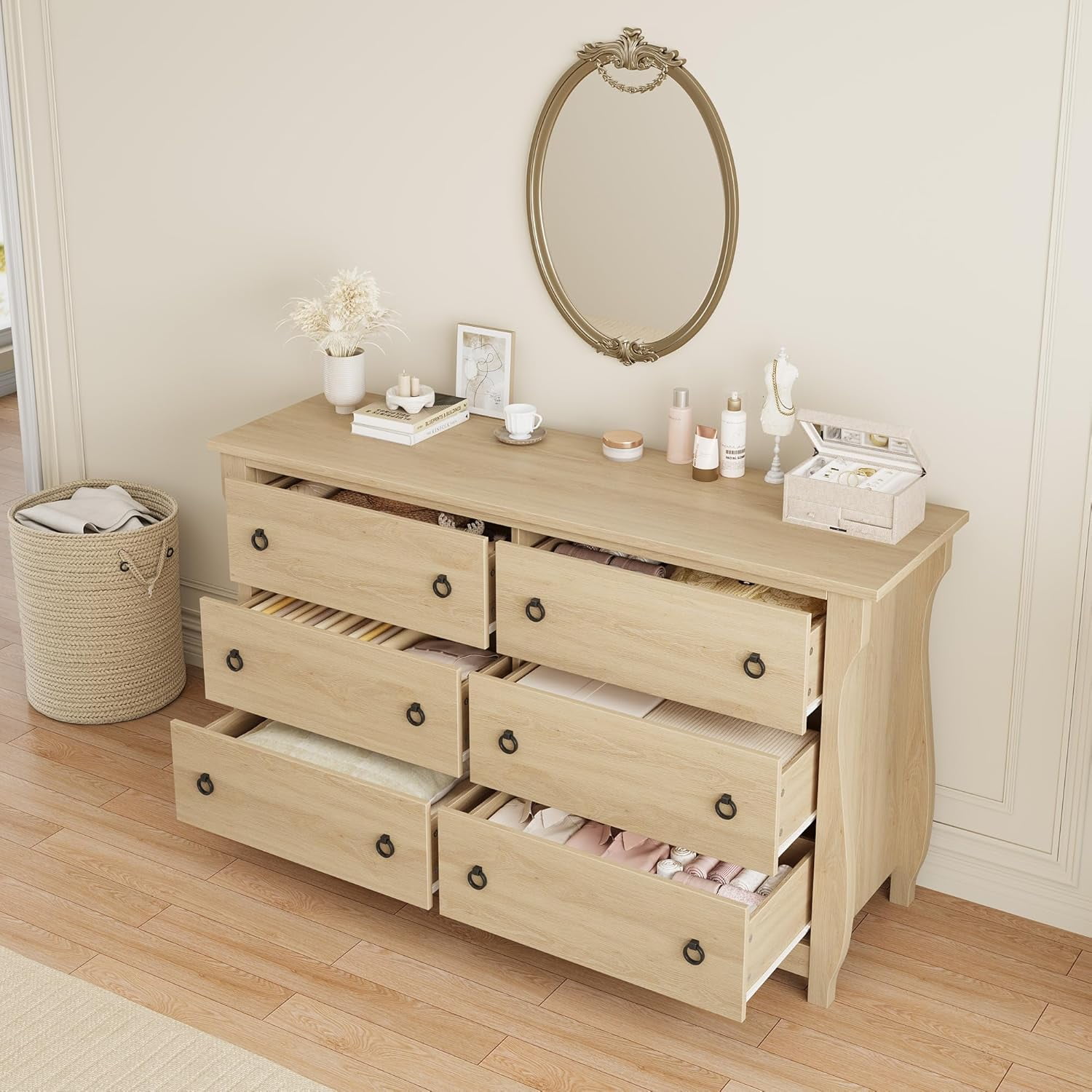 Ataucjin 6-Drawer Dresser Tall Boho Dresser with Curved Legs, Chest of ...