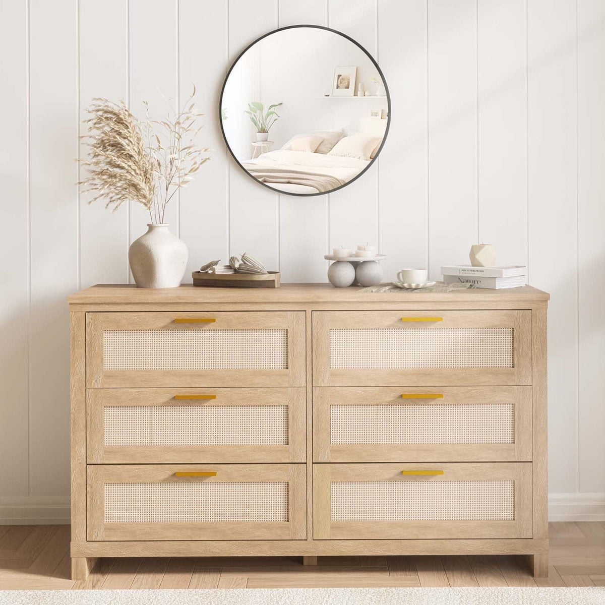 Ataucjin 6 Drawer Rattan Dresser for Bedroom, Boho Modern Wood Dressers ...