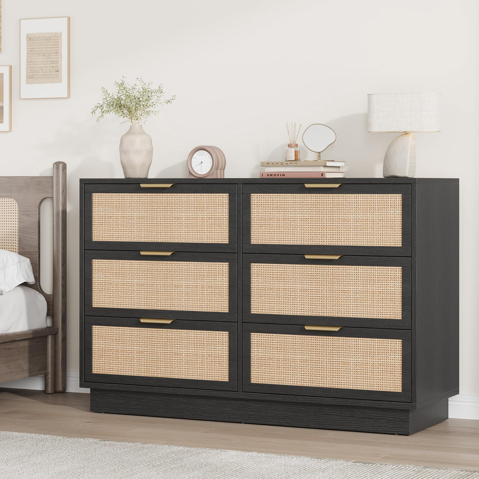 Ataucjin 6 Drawer Rattan Dresser for Bedroom, Integrated Cabinet Body ...