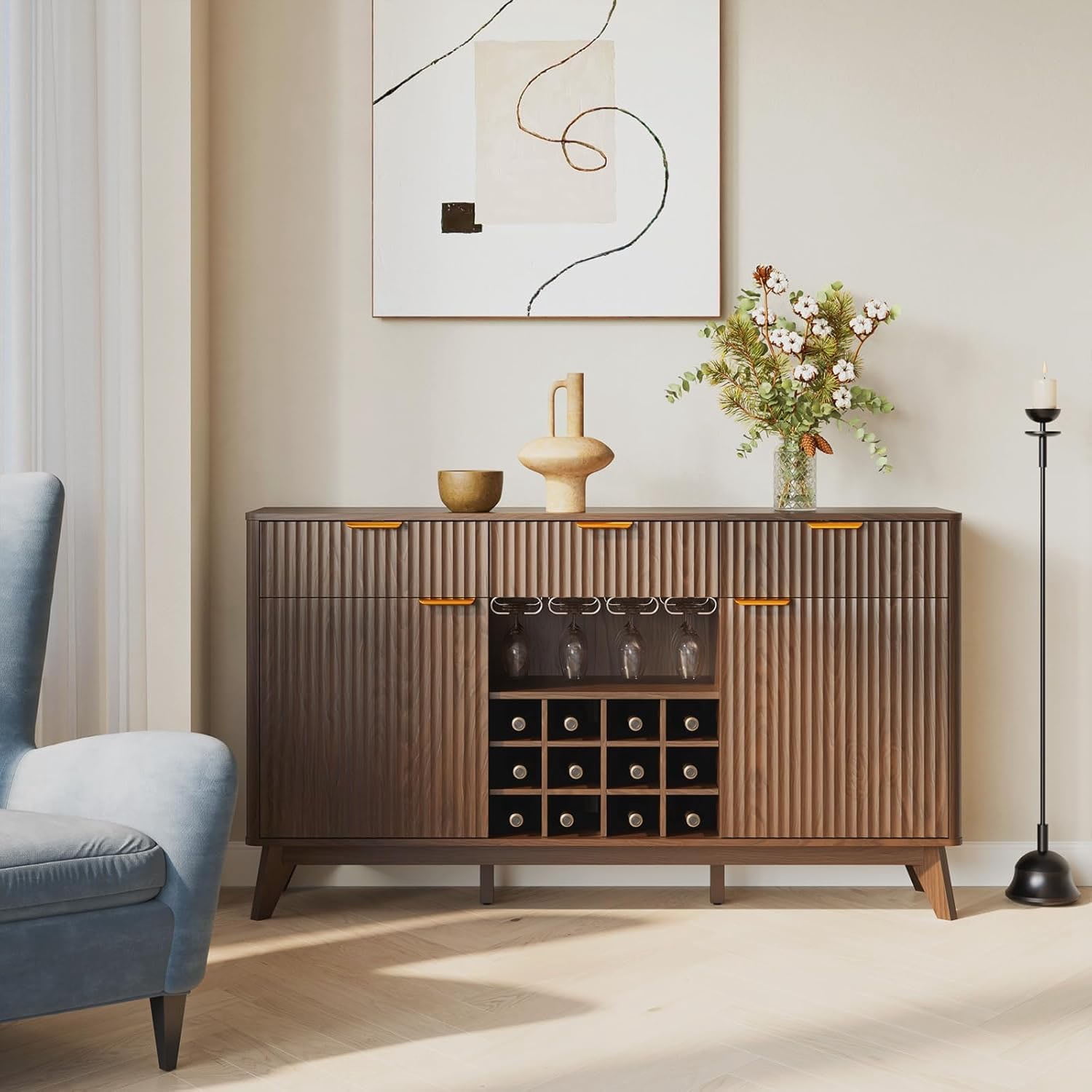 Ataucjin 60" Wide Fluted Wine Bar Cabinet, Freestanding Liquor & Coffee ...