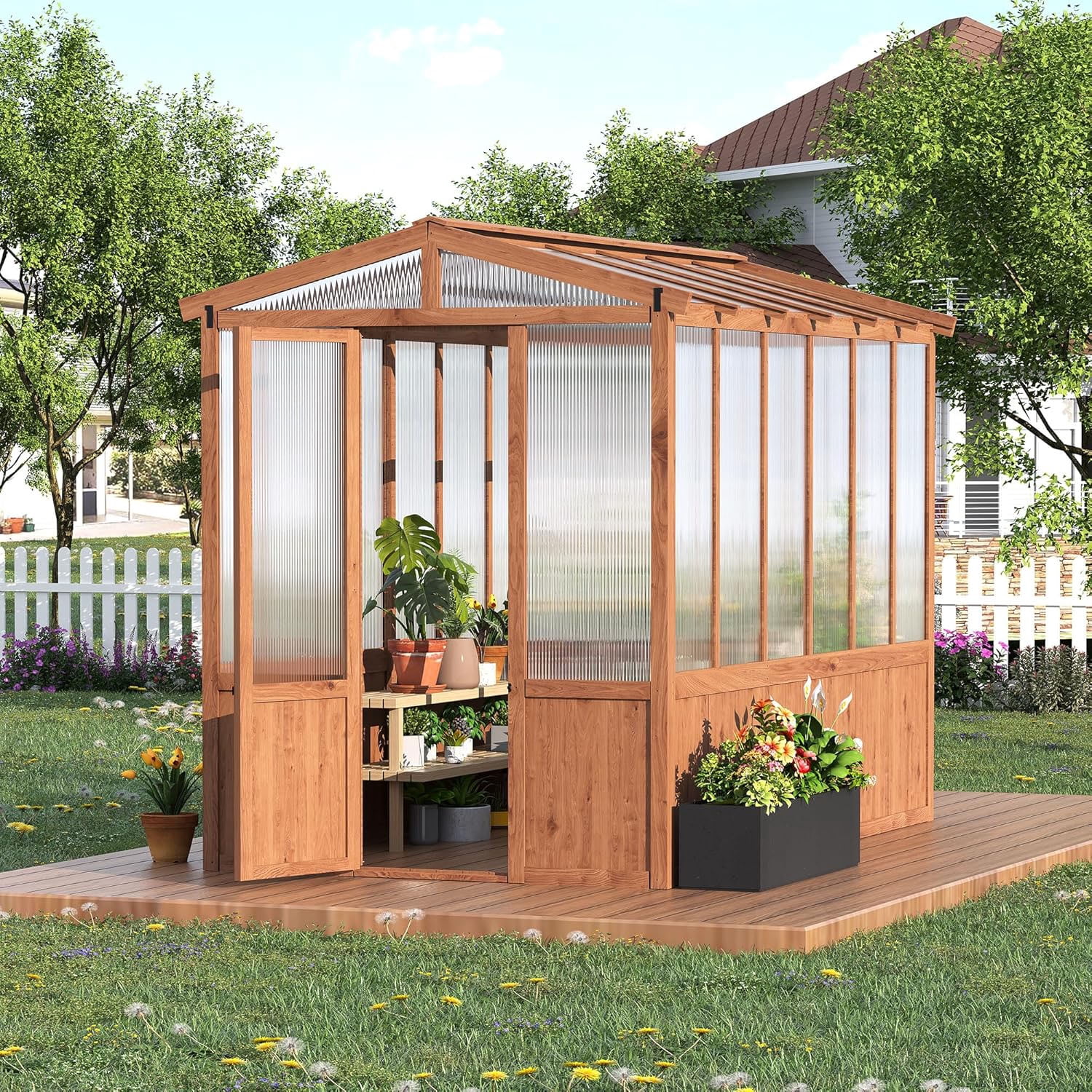 Ataucjin 6x10FT Wooden Greenhouse with Cedar Frame, Thicken ...